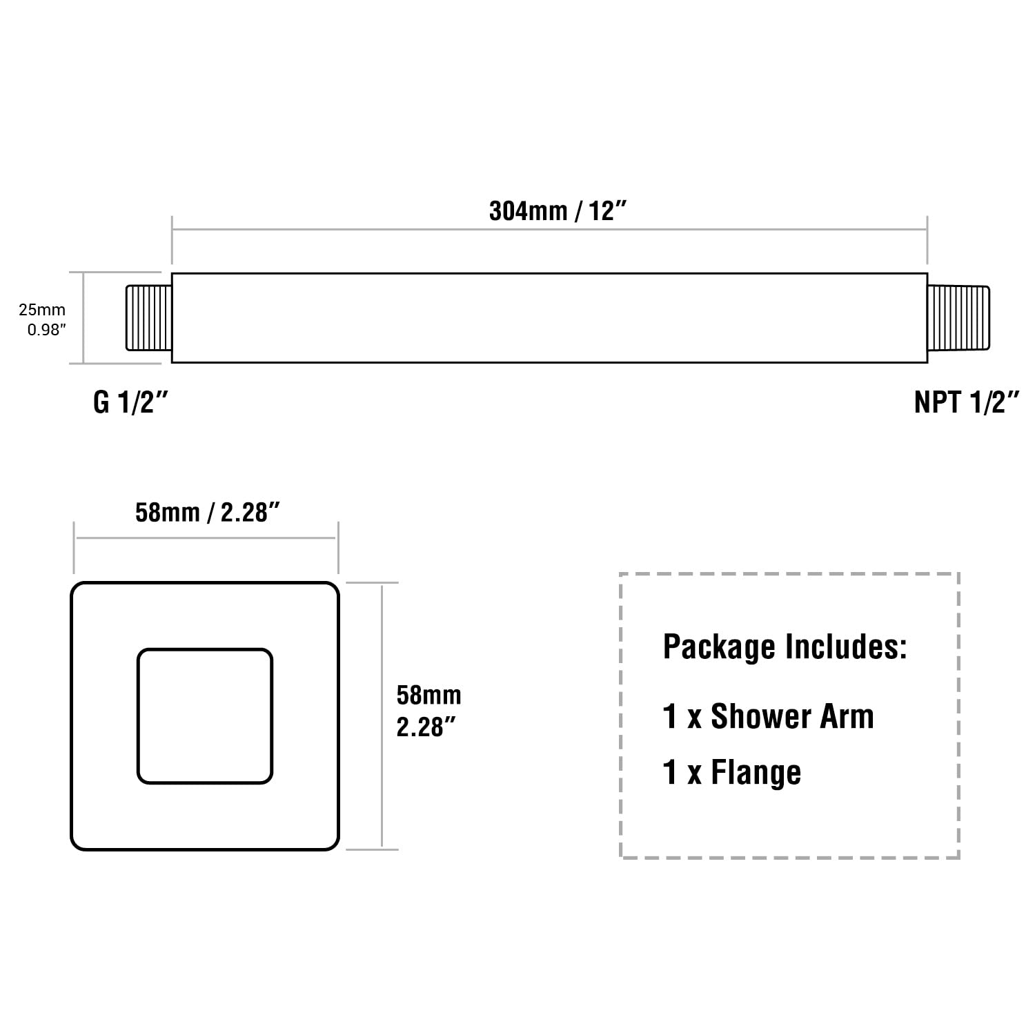 Matte Black Shower Arm with Flange 12 Inch Replacement Extension Pipe Stainless Steel Rainfall Shower Head Extender Arm, Square Shaped