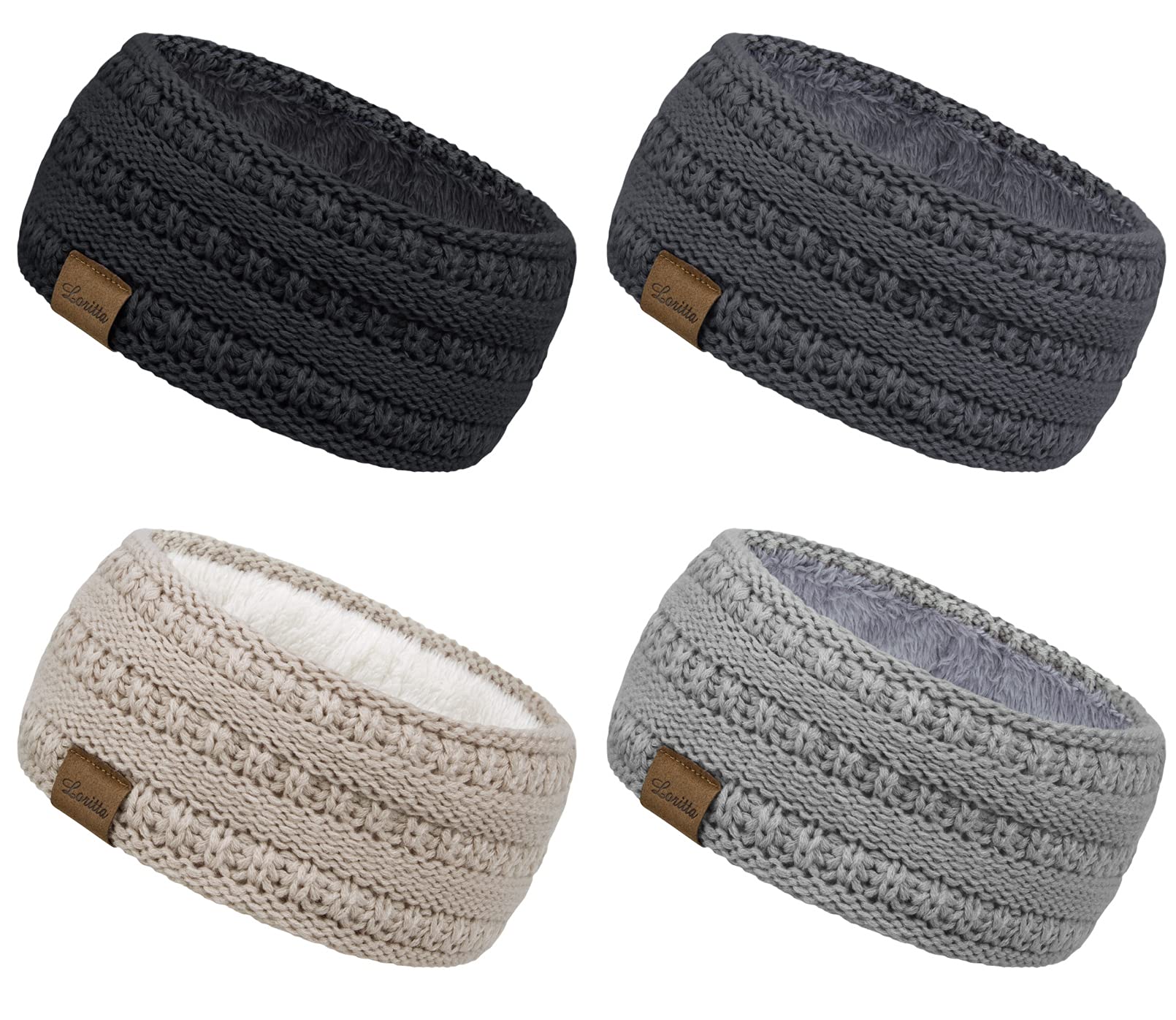 Loritta 4 Pack Womens Winter Headbands Fuzzy Fleece Lined Ear Warmer Cable Knit Thick Warm Crochet Headband Gifts, ZS A Pure Design Black+Beige+Dark Grey+Light Grey