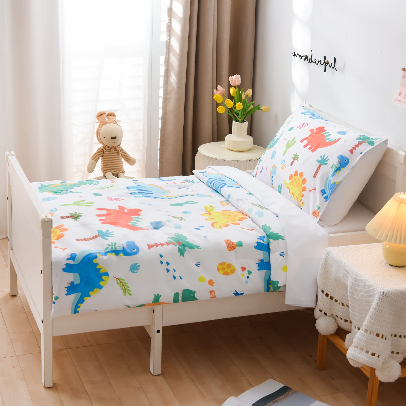 PHANTASIM Dinosaur Theme Print Toddler Bedding Set-Kids Bedding Set 4 Piece Toddler Bed Sheet Set - Standard Size Includes Comforter, Flat Sheet, Fitted Sheet and Pillowcase for Girls and Boys