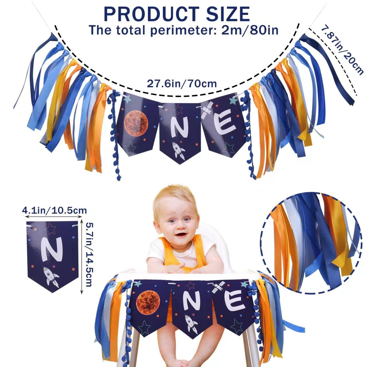 Outer Space Planets Highchair Banner 1st Birthday Boy, Space Rocket First Birthday ONE High Chair Banner Decorations, First Trip Around the Sun Party Decor Party Photo Props