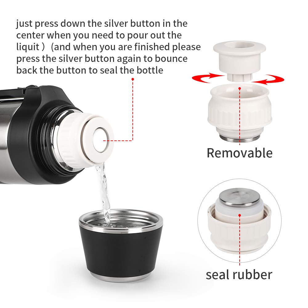 MUCR Stainless Steel Thermoses with Cup β 53 oz Double-Wall Vacuum Insulated Water Bottle for Travel β Large Coffee Thermoses with Handle β Keeps Liquid Hot or Cold, Leak Resistant,Silver