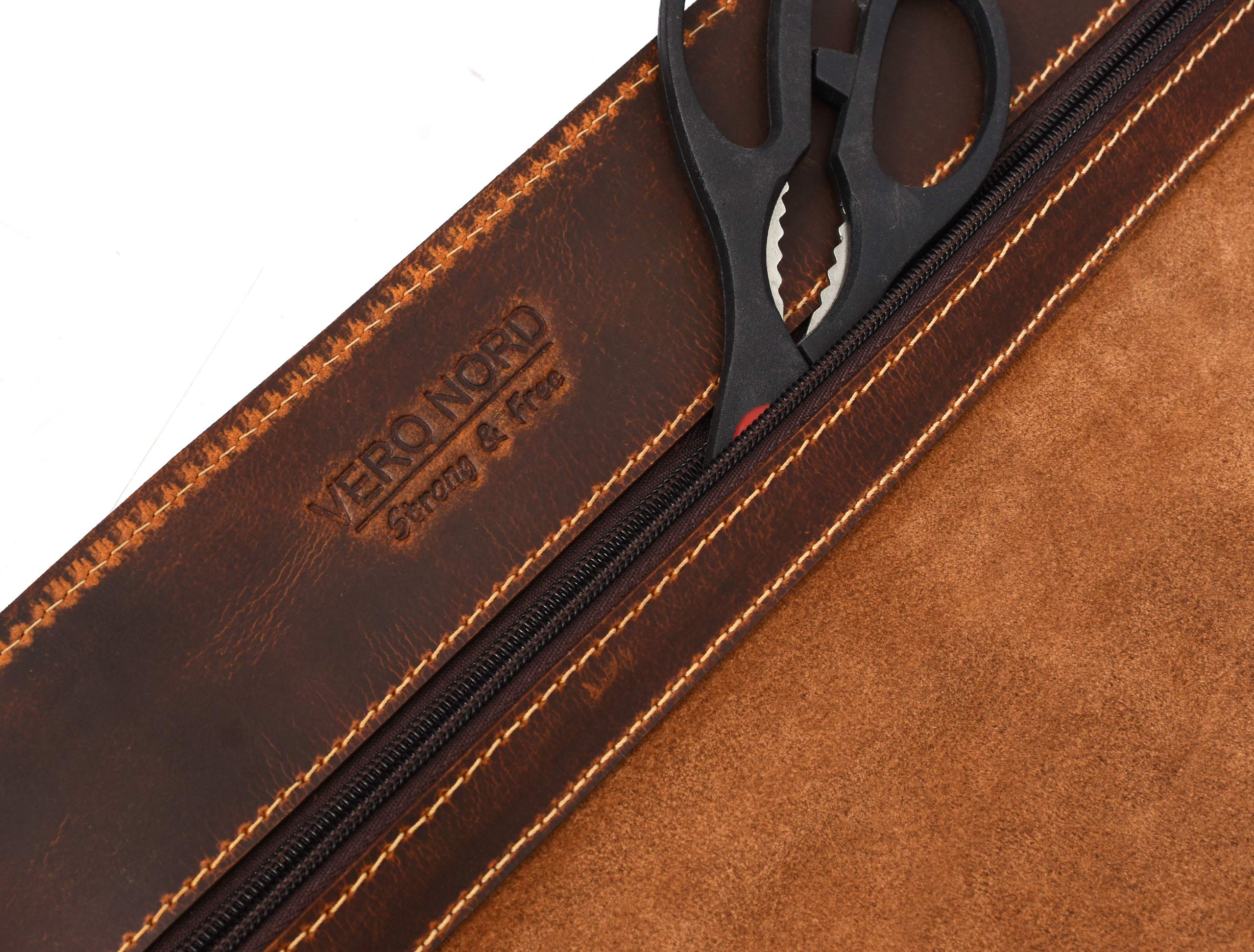 Leather Knife Roll Storage Bag, Elastic and Expandable 10 Pockets, Adjustable/Detachable Shoulder Strap, Travel-Friendly Chef Knife Case (Leather - Light Brown)