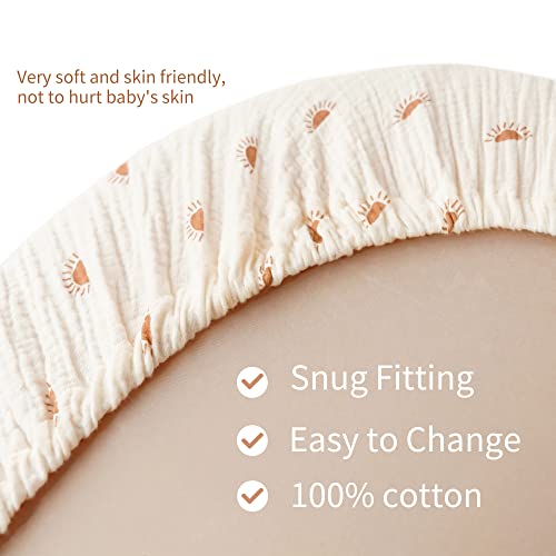 Konssy 2 Pack Soft Breathable Muslin Fitted Bassinet Sheets for Baby Girl Boy, Fit Oval Rectangle Cradle, Moses Basket Pad/Mattress (Camel, Sun)