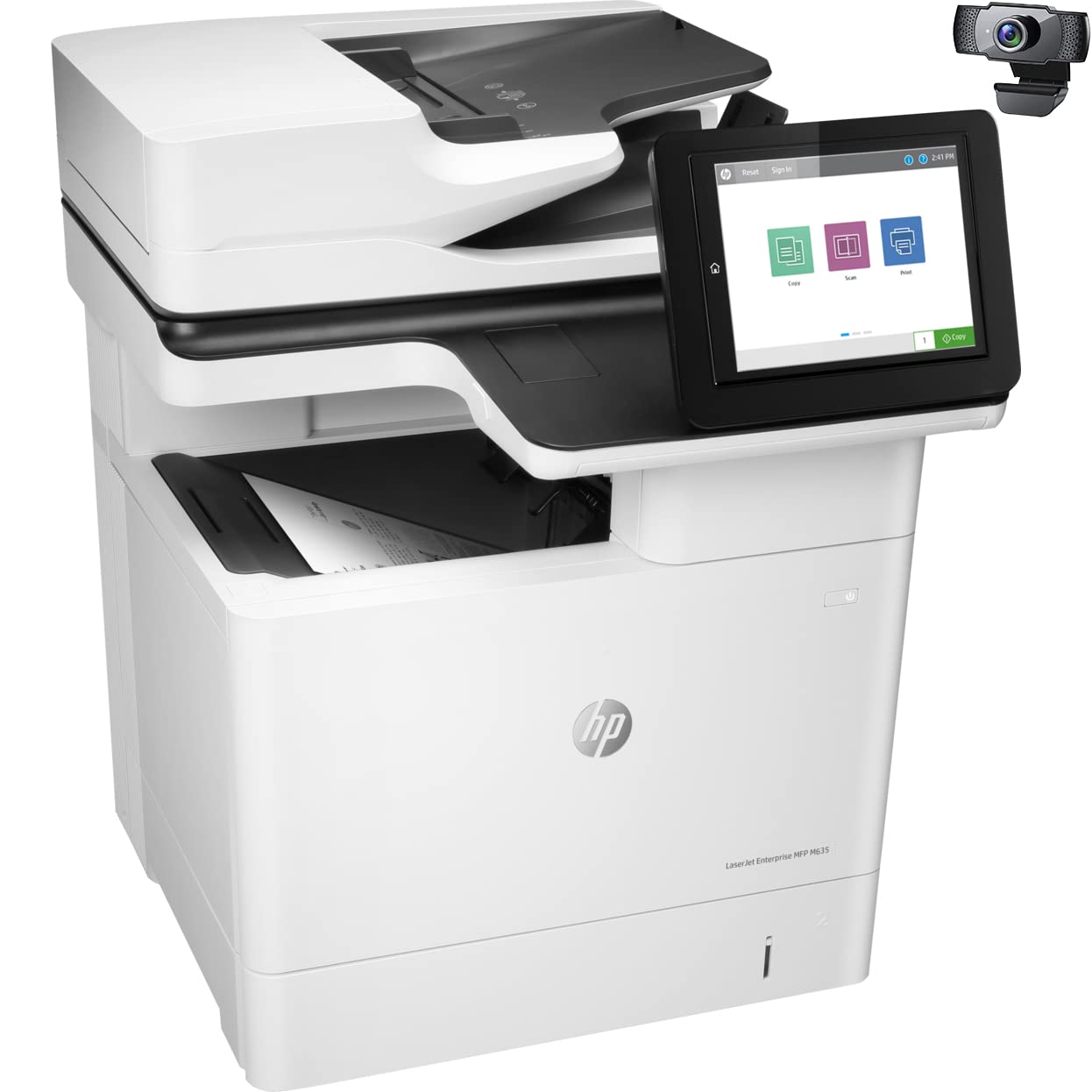 HP LaserJet Enterprise MFP M635h All-In-One Wireless Monochrome Laser Printer - Print Scan Copy Fax - 65 ppm, 1200 dpi, 8" Display, Auto Duplex Printing, 150-sheet ADF, Ethernet, Cbmou External Webcam