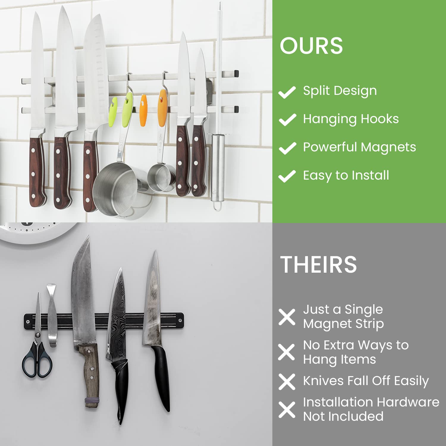 Magnetic Knife Holder Strip for Wall and Kitchen Utensil Holder-16inch Powerful Stainless Steel Magnetic Knife Rack with Hanger Hook Strip Plus Carbon Sharpener