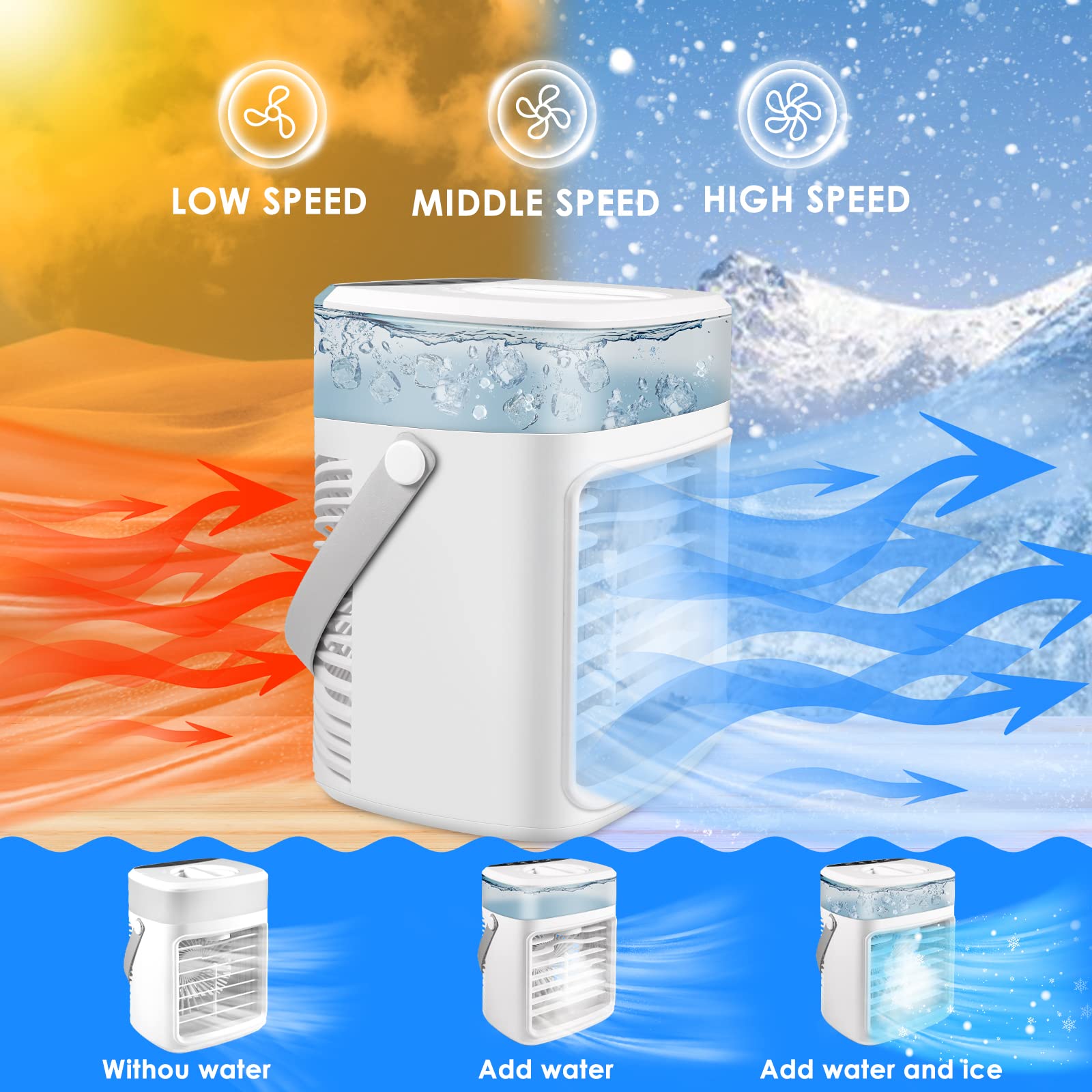 Portable Air Conditioners, Cordless Evaporative Air Cooler, 3 Wind Speed & 2 Cool Mist Personal Air Cooling Fan, 2-4H Timer & 7 LED Lights Portable AC,Mini AC Unit for Bedroom Car Home Camping Office