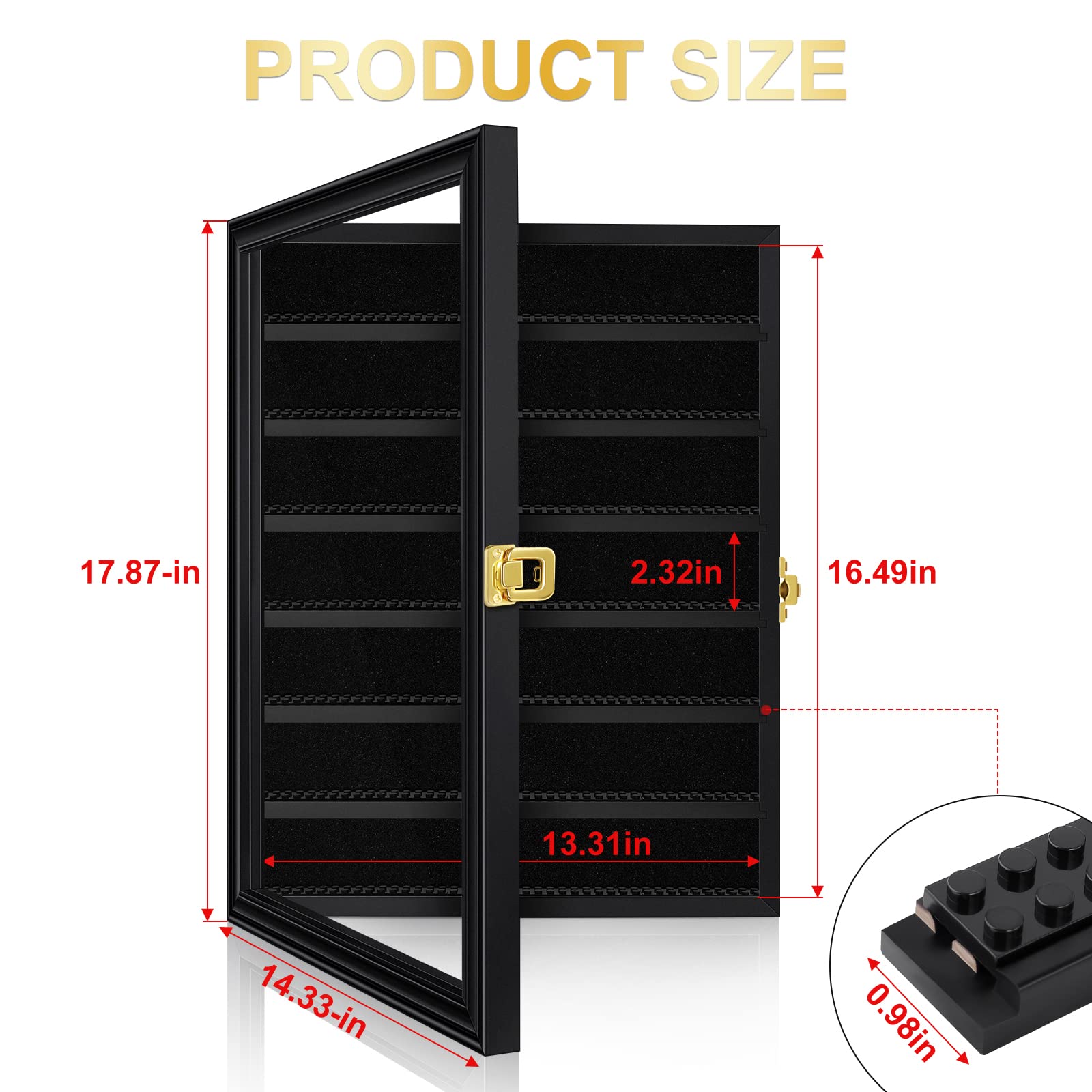 Mlikero Minifigure Display Case, 7 Rows Display Cases for Collectibles Wall Mount with 98% UV Protection Acrylic Door Clear View for Small Objects Lockable Large Black