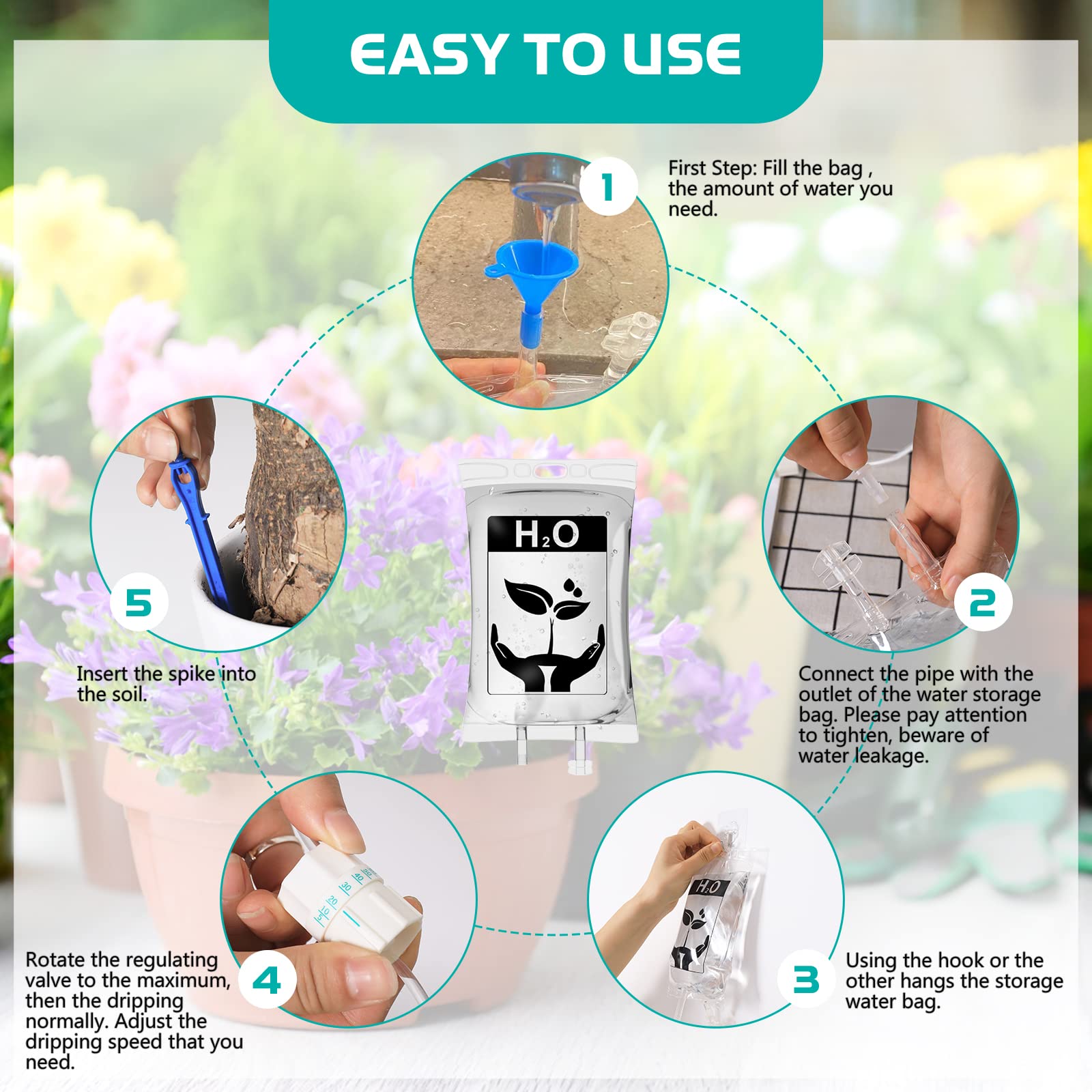 Plant Self Watering Spike with Water Storage Bag, Automatic Plant Watering Devices, Plant Self Waterer System with Adjust Valve Water Volume, Plant Drip Watering Non-Stop for Home/Holiday-3 Pack