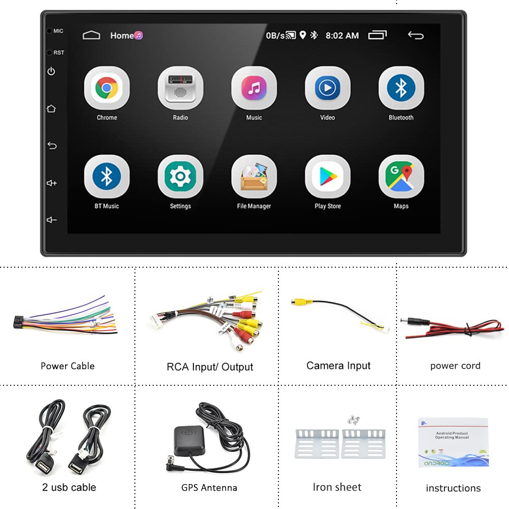 Hikity Android 13 Double Din Car Stereo 7 Inch Touch Screen Car Radio GPS Navigation WiFi Bluetooth FM Radio Mirror Link for iOS/Android Phones, with 12 Led Lights AHD Rear View Camera Mic