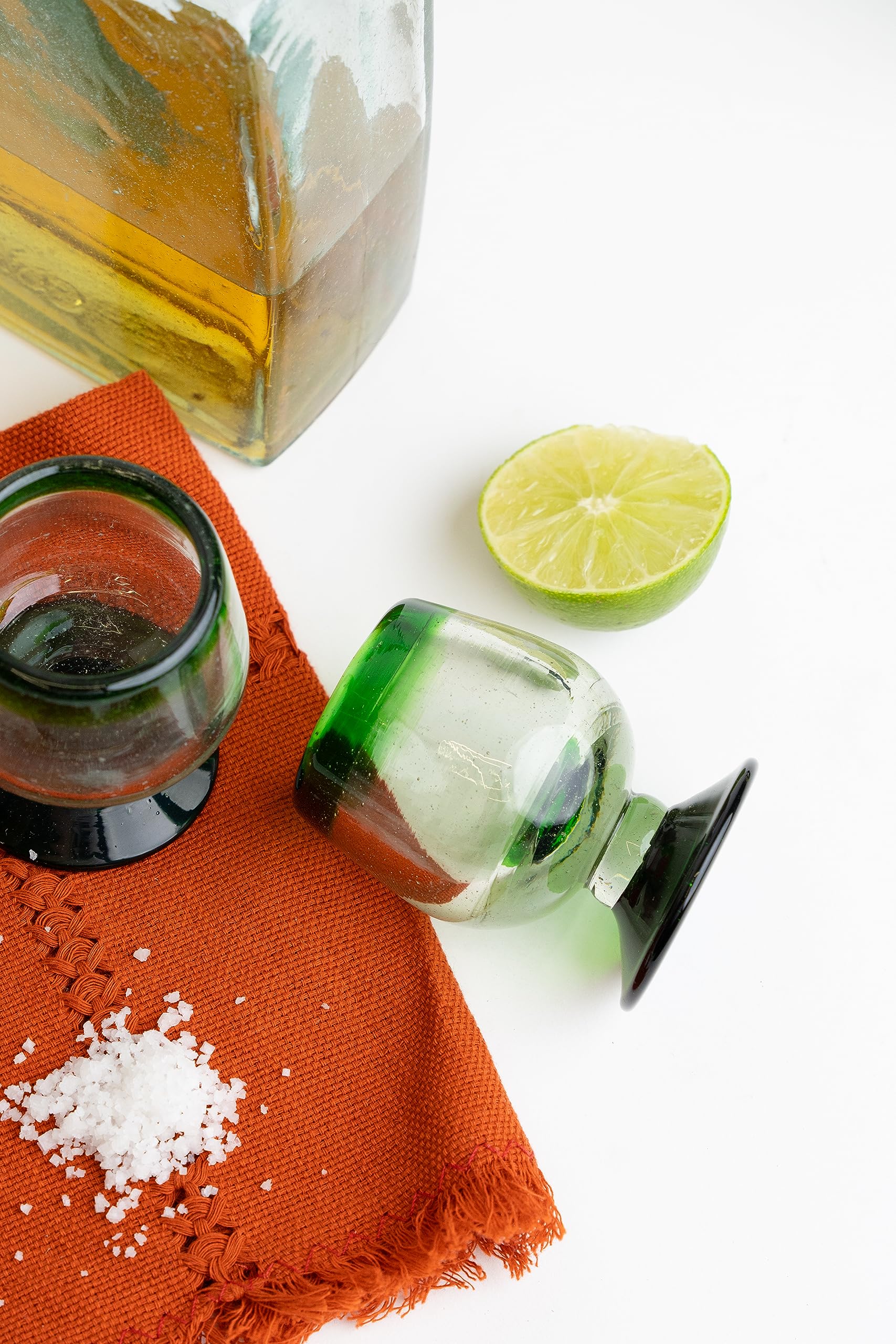 MEXTEQUIL - Authentic Mexican Tequila Hand Blown Shot Glasses - Set of 4-2 oz - Mini Glass Snifters - Heavy Base - Cognac (Green Rim)