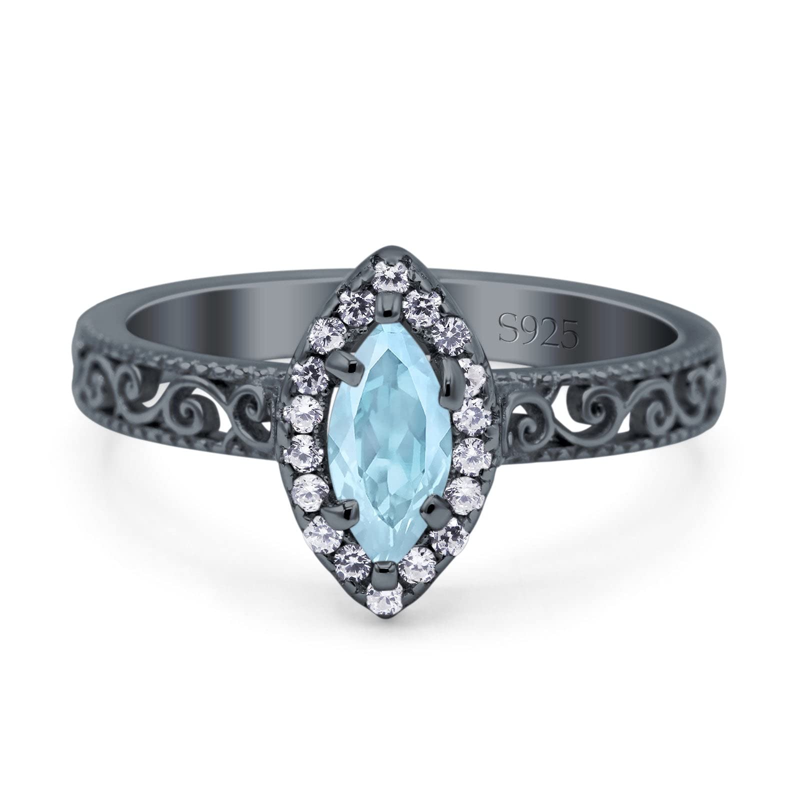 OMRANII Black Tone, Simulated Aquamarine CZ Size-10 Halo Art Deco Bridal Wedding Engagement Ring Marquise Round CZ 925 Sterling Silver