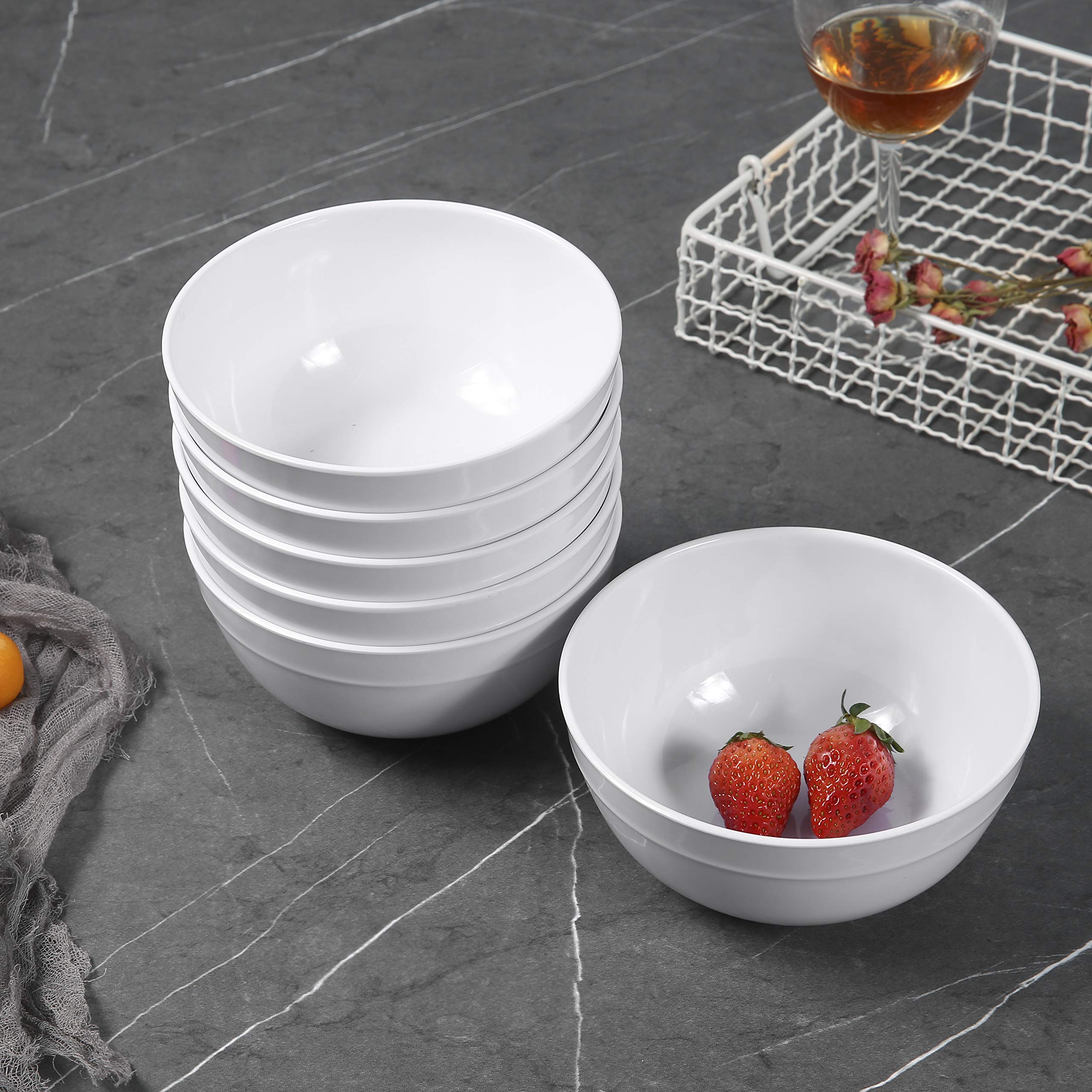Lechoo Melamine Cereal Bowls - 23oz White Dinnerware Soup Bowls, Set of 6,Unbreakable 6PCS Salad Bowls,Dishwasher Safe,White