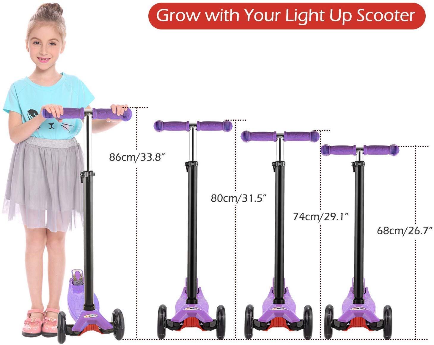 Hikole Scooter for Kids with 4 LED Wheels β Adjustable Height, Lean to Steer Design, 4 Wheels Kick Scooter for Girls & Boys 3-12 Years Old