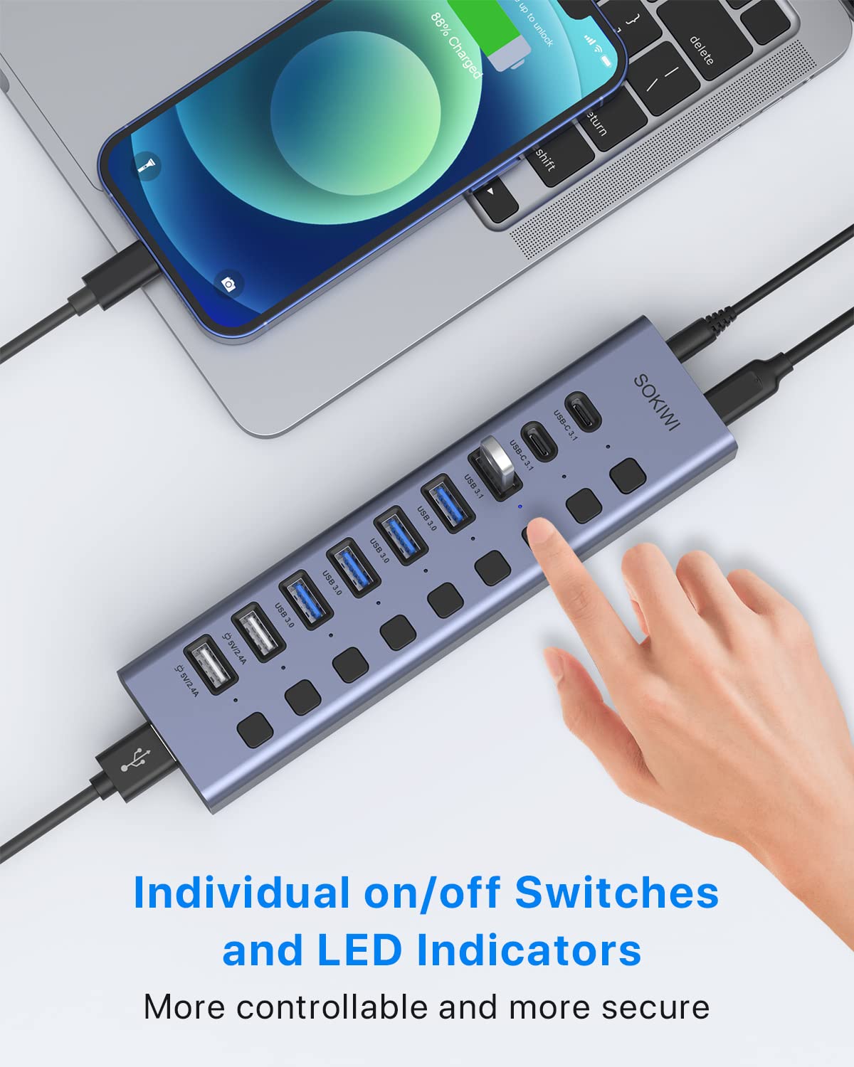 Powered USB Hub 3.0/3.1- Sokiwi USB Hub- Aluminum USB Port Hub Expender- USB C Hub Splitter with Individual On/Off Switches for Laptop/PC