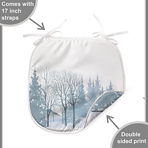 Lunarable Dusty Blue Chair Pad Set of 2, Christmas Theme Snowy Forest Elements Winter Season Landscape, Water Resistant Pillow with Ties Dining Room Kitchen, 15" x 15", Grey Teal Blue Grey