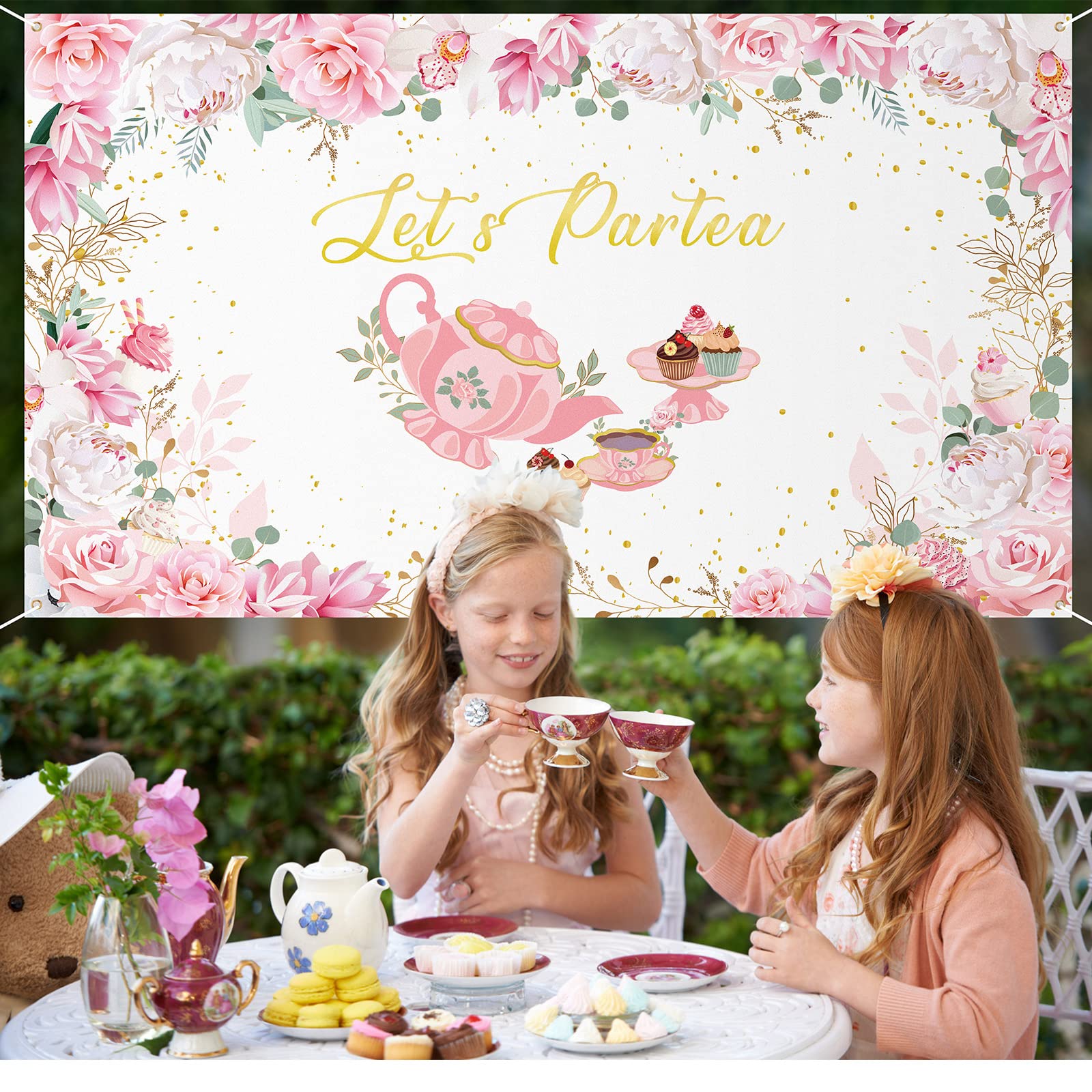 Let's Partea Tea Party Birthday Backdrop Tea Party Banner Decorations Tea Party Picture Background for Baby Shower Birthday Party Decorations Photo Booth (White, 6 x 3.6 ft)