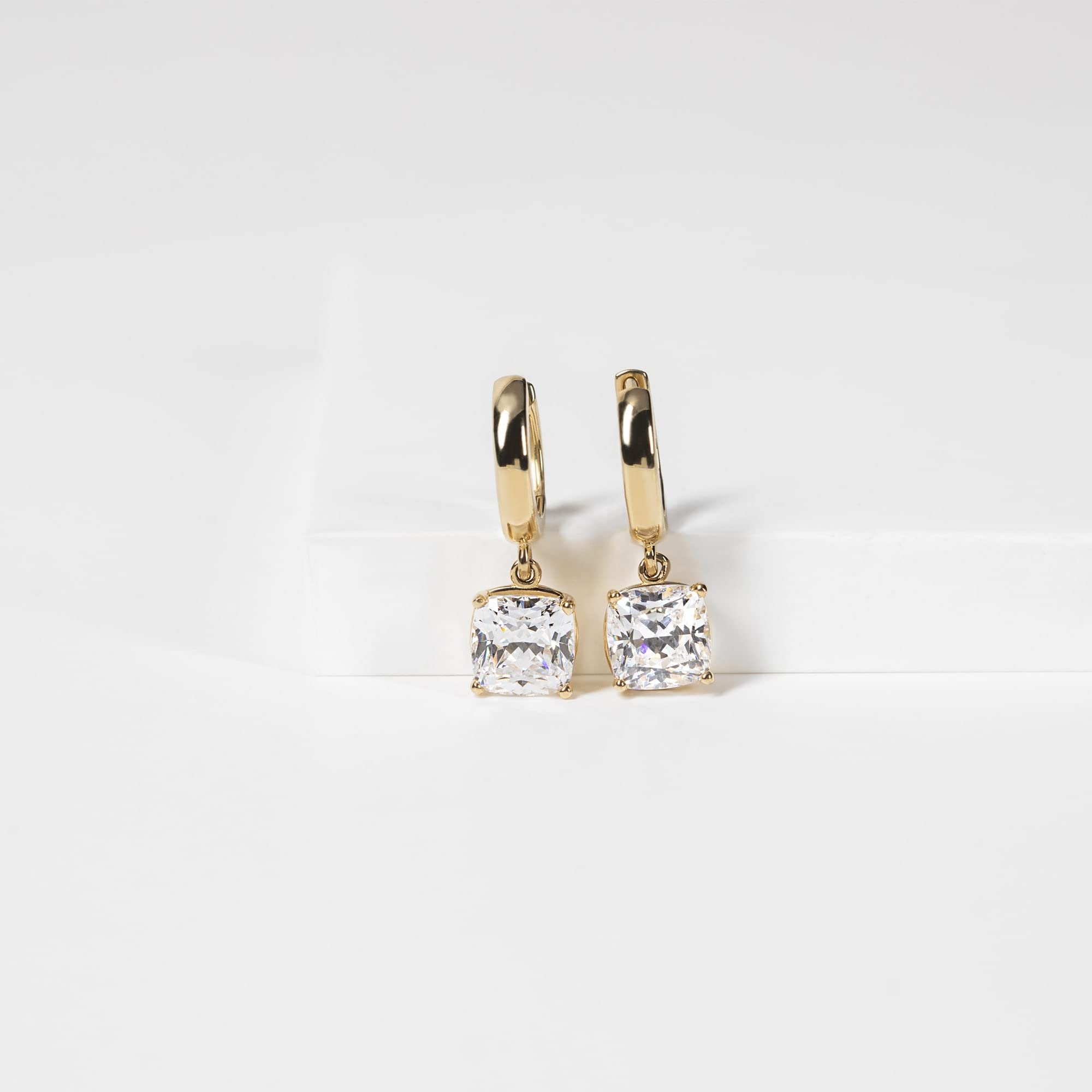 Moissanite Cushion Cut Solitaire Drop Earring by Diamond Nexus - 2 Ct. Tw. DEW Pair, F-G Cut, VVS 1 Clarity, 14K Yellow Gold