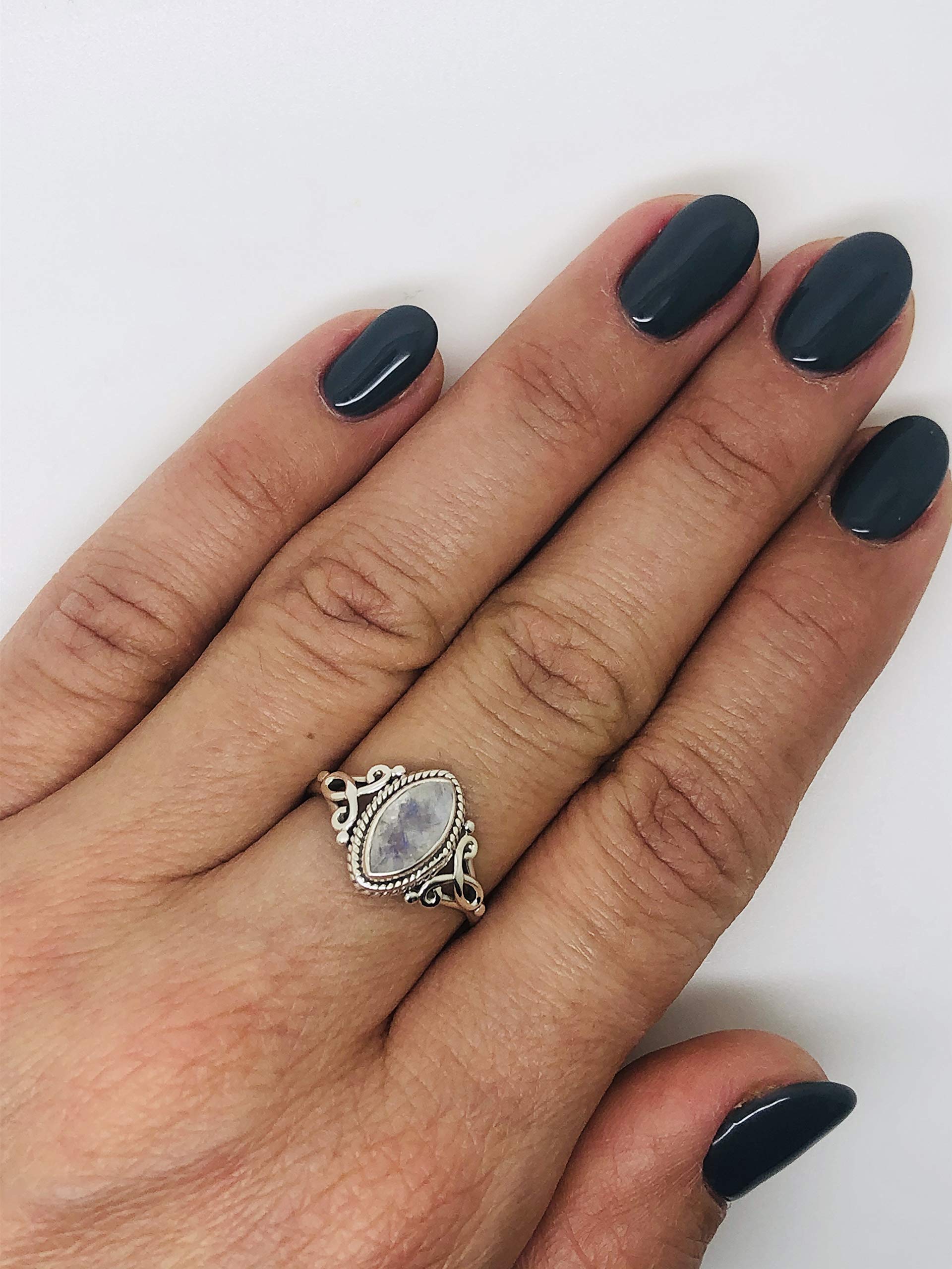 Koral Jewelry Cut Marquise Moonstone Ethnic Delicate Ring 925 Sterling Silver Vintage Tribal Gipsy Boho Look (7)