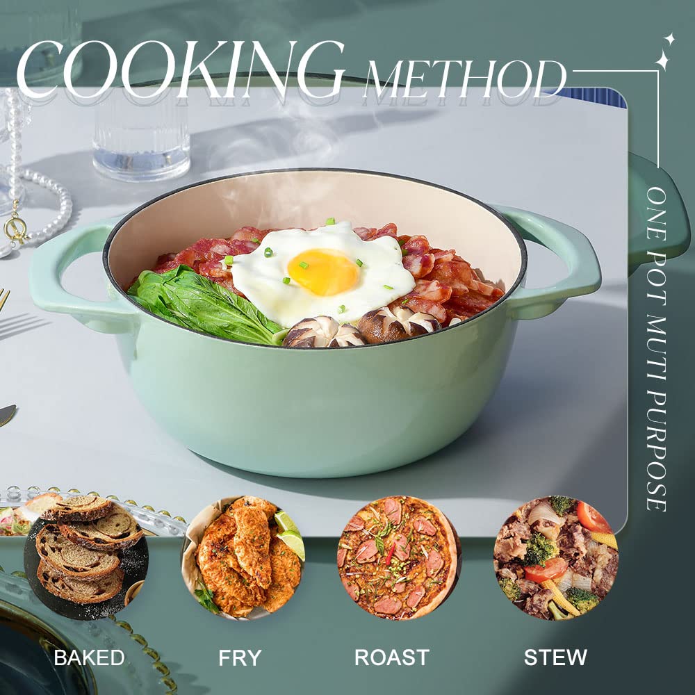 M-COOKER 3.5 QT Enameled Cast Iron Covered Dutch Oven, Non-Stick Round Enamel Dutch Oven with Dual Handle, Great Gifts for Family (Teal)