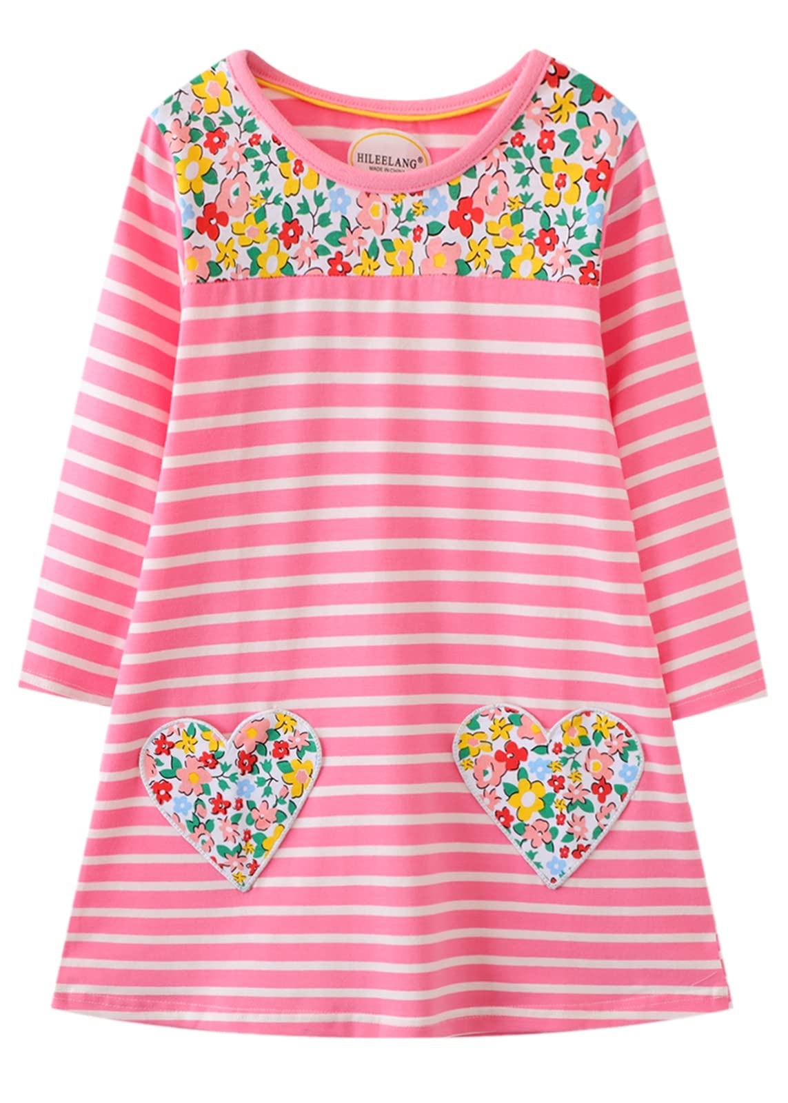HILEELANG Little Girls Cotton Long Sleeve Casual Pink Stripe Cartoon Appliques Striped Jersey Dresses 5T