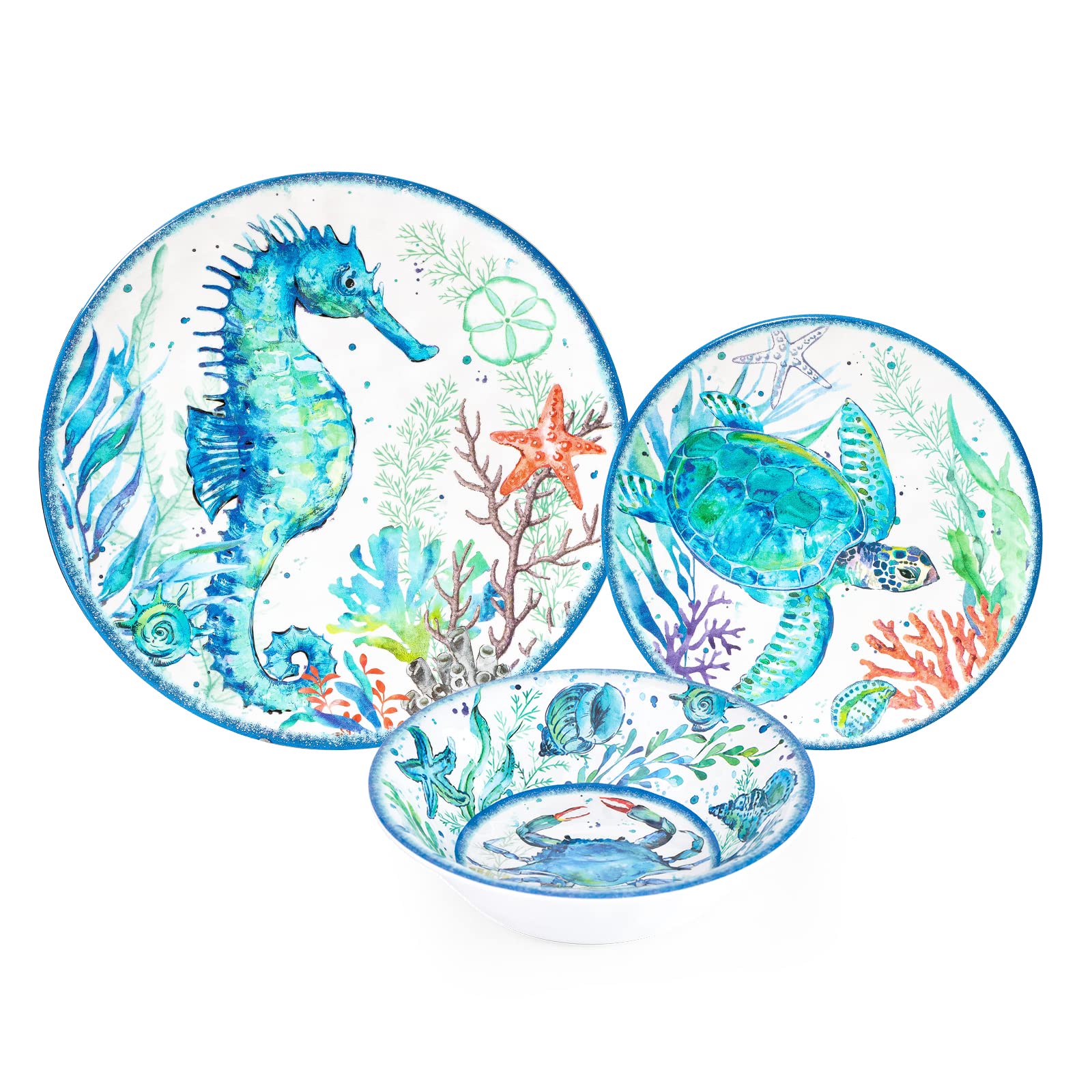 LEHAHA 12-Piece Melamine Beach Dinnerware Set, Coastal Plates and Bowls Sets, Oceanic Sea Life Dish Sets for 4, Great for Indoor Outdoor Dining on the Beach, RV, Camping or Cabin