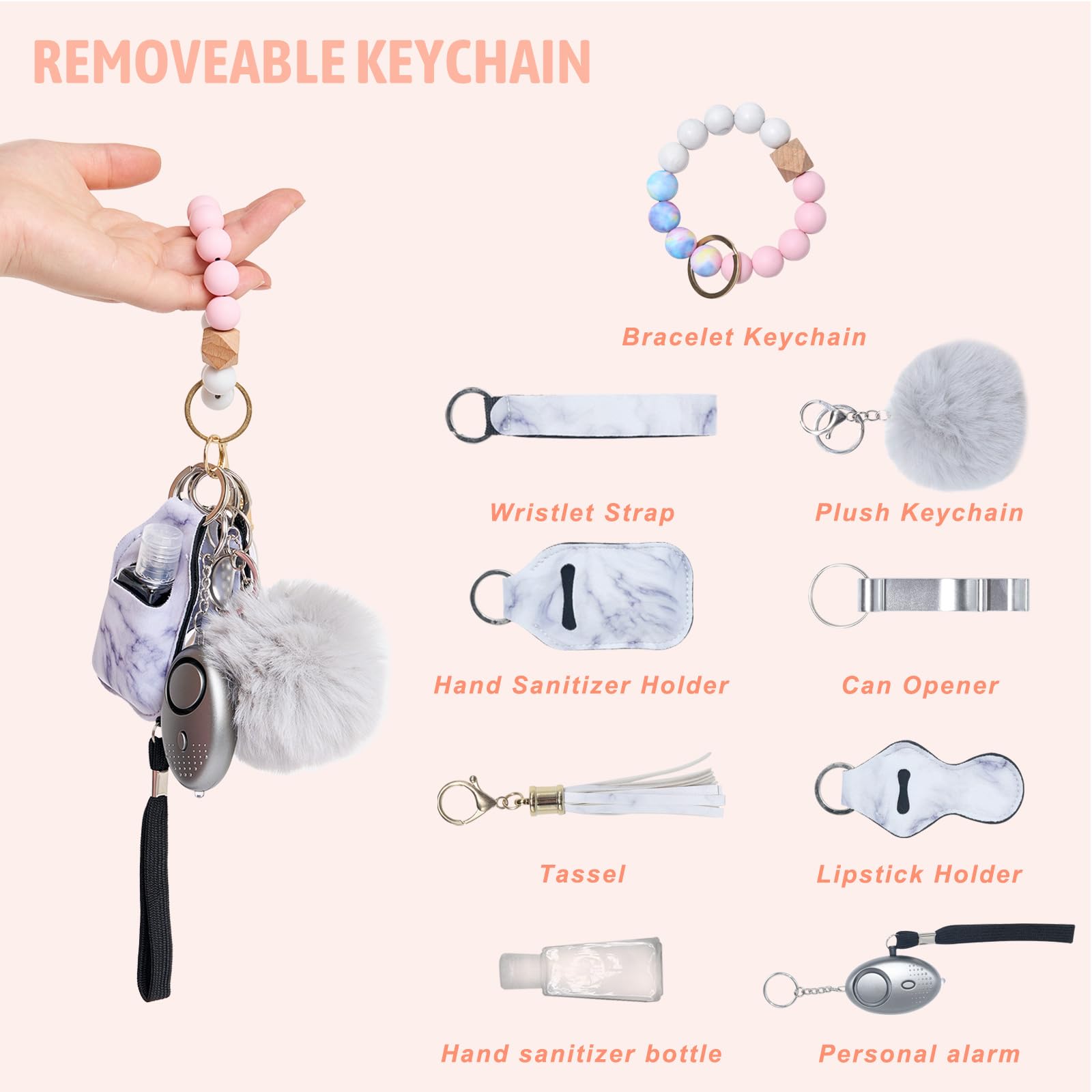 METURE Keychain Bracelet with Personal Alarm Wristlet Key Ring Keychain Accessories 9pcs Key Chains Silicone Beaded Elastic Bangle Keyring for Womens