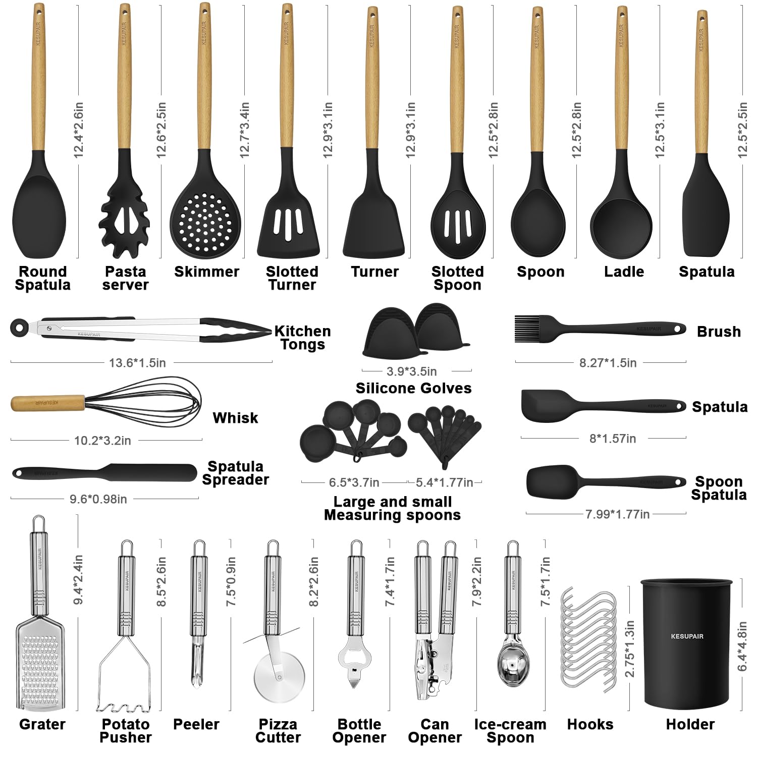 KESUPAIR Silicone Kitchen Utensils Set, 46 pcs Cooking Utensils Set-Silicone Spatula Set- Kitchen Gadgets and Tools with Holder-Wooden Handle Silicone Kitchen Utensil with Tongs,Grater (Black)