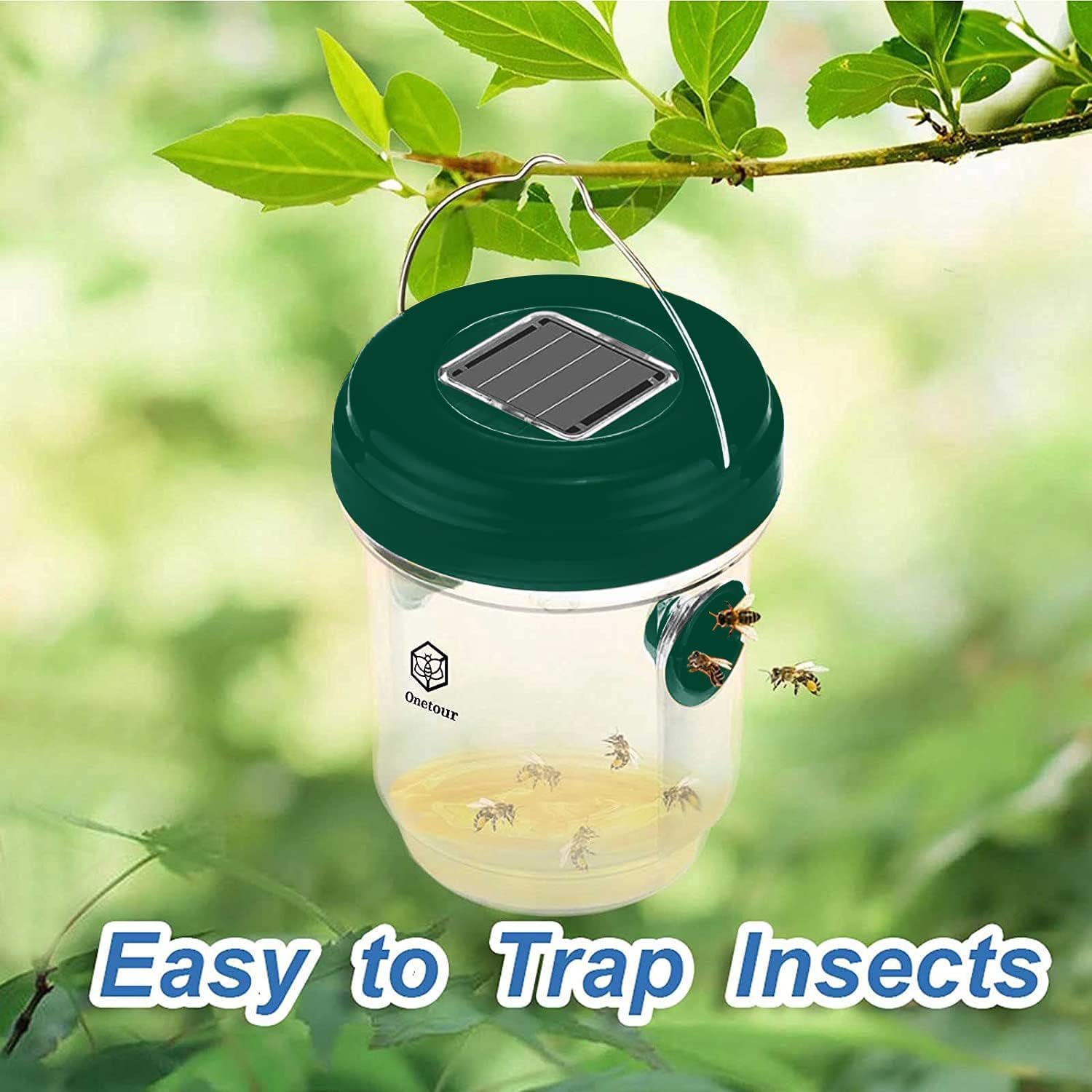 outtkitywi 2 Pack Solar Wasp Traps, Solar Powered Wasp Killer Hanging with UV LED Light, Reusable Bee Trap Catcher Outdoor for Hornets, Yellow Jackets