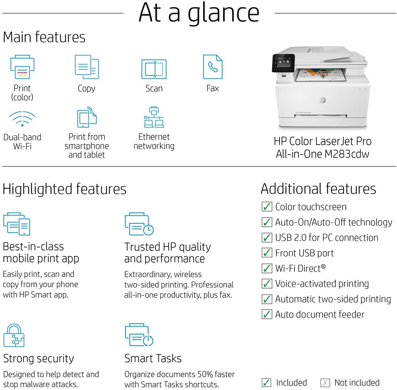 HP Laserjet Pro MFP M283cdw Wireless All-in-One Color Laser Printer, Mobile Print&Scan&Copy&Fax, Duplex Print, 22ppm, 2.7" Touchscreen, Wi-Fi, Compatible with Alexa(7KW73A), Lanbertent Printer Cable