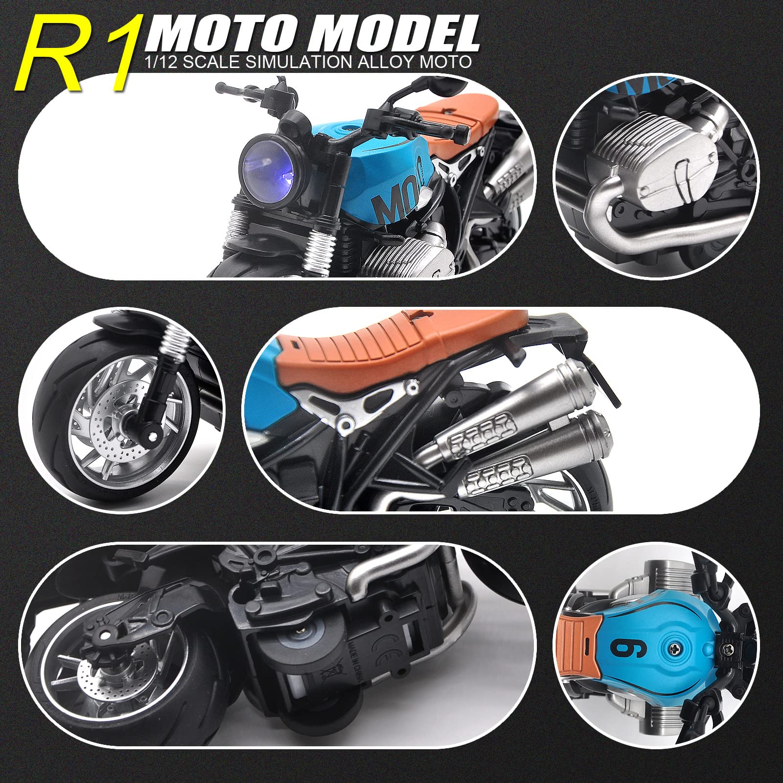 Motorcycle Toys for Kids - Pull Back Toy Motorcycle Model 1/12 Scale with Lights and Sounds, Die-Cast Motorcycles Toy for Boys Kids Age 3-12 Year Old (Blue)
