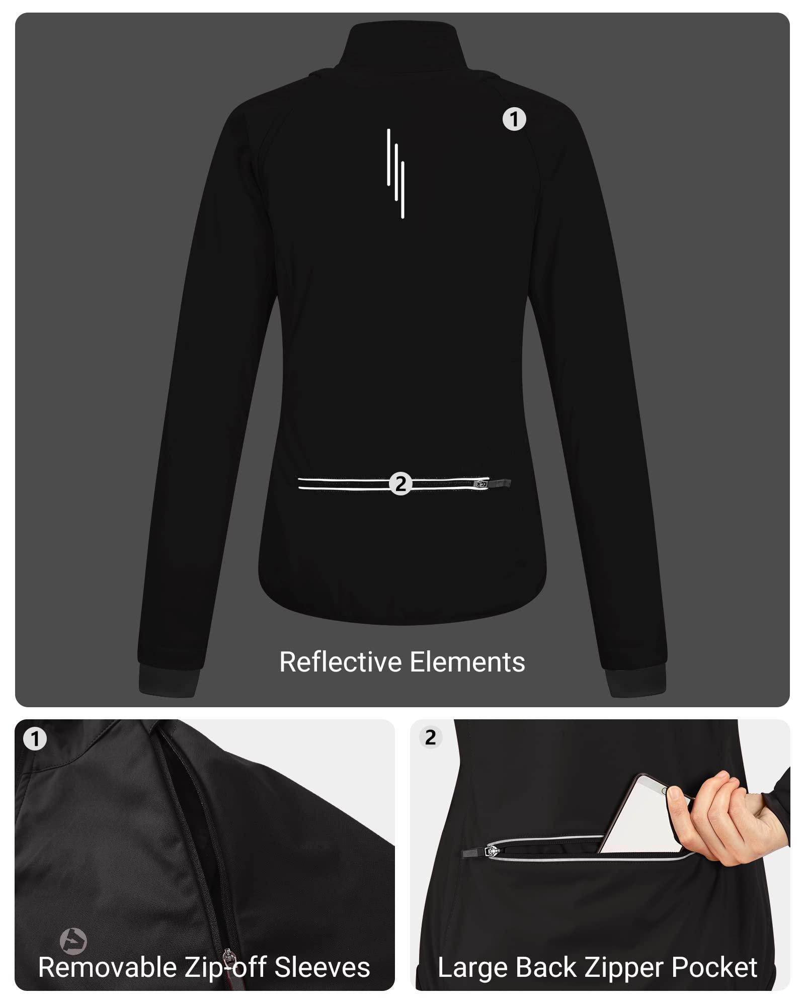 Outdoor Ventures Women's Full Zip Running Cycling Jacket Waterproof Windproof Reflective Removable Sleeves Athletic Vest