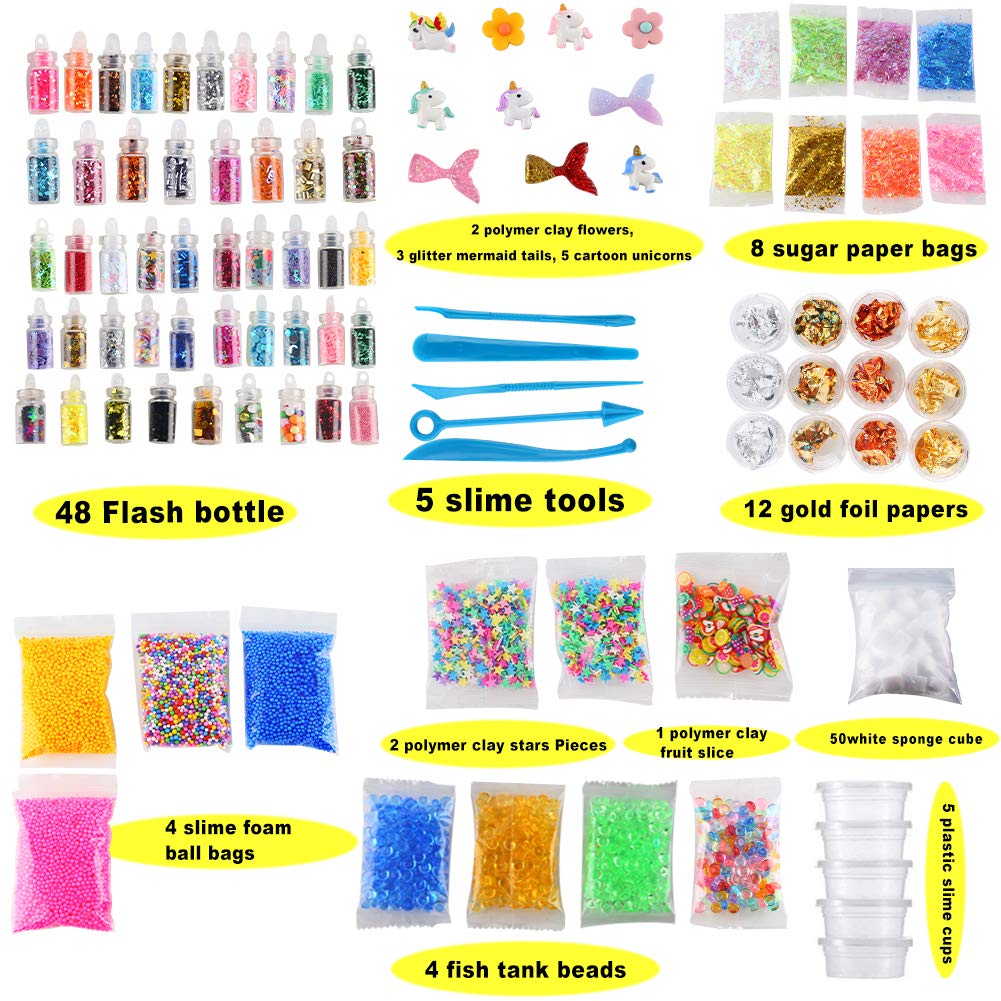 Koogel 149 Pcs Slime Supplies for Girls, Slime Kit with Glitter Slimes Supplies Slime Kit Glitter Gold Leaf Foam Balls Glitter Shake Jars Sugar Papers Tiny White Sponge Cube Slime Making Materialsā¦
