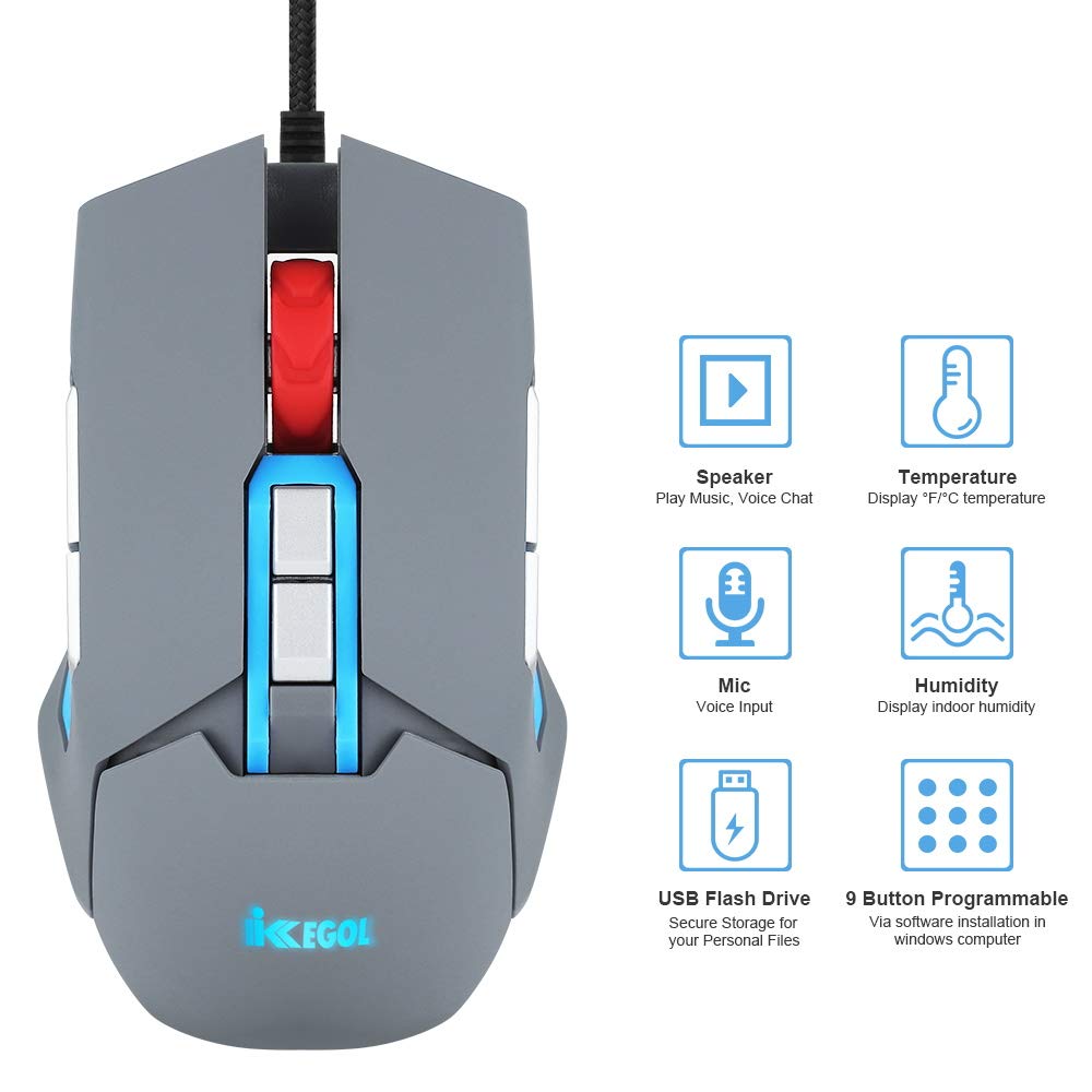 iKKEGOL USB Gaming Mouse with Mouse Pad, 9 Programmable Buttons,with Speaker, Microphone,Temperature and Humidity Display, 16G U Flash Drive RGB Breathing Light Wired Computer Mouse PC Gaming Mice