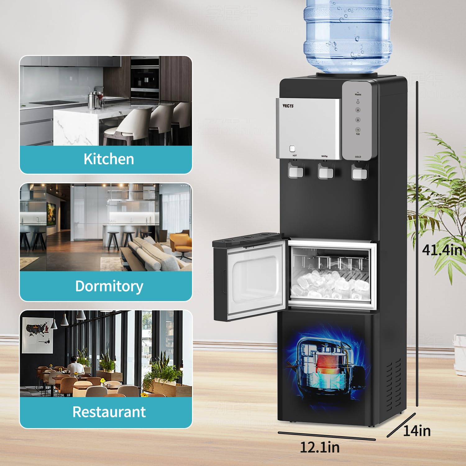 VECYS Water Dispenser Cooler with Ice Maker, 27LBS Daily Ice Making and Hot Cold Water Supply, Child Safety Lock and Compatible with 3 or 5 Gallon Bottles, Ideal for Home and Office