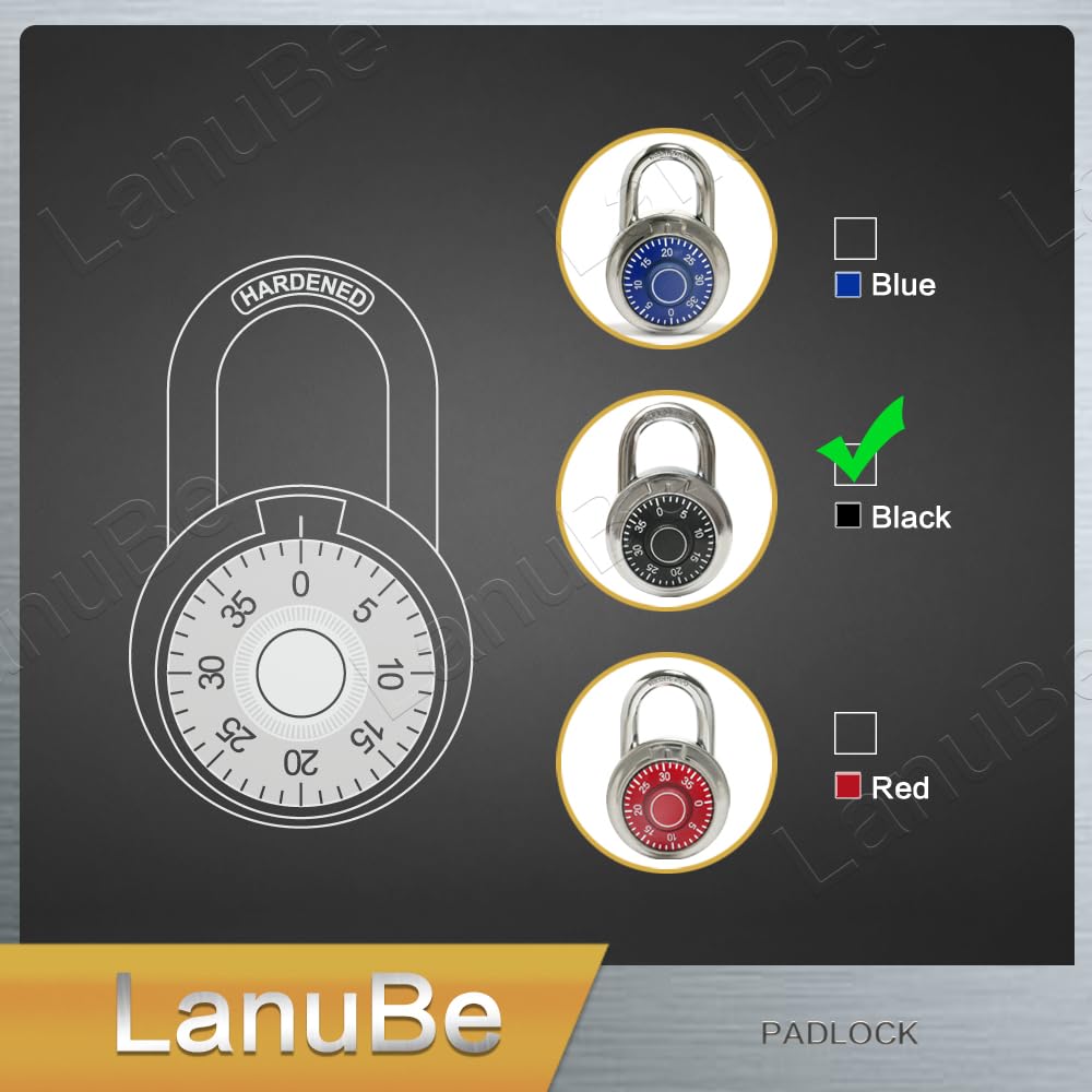 LanuBe Lock Standard Dial Combination Lock, 2 in. Wide, with Different Combinations, Black Turnplate, Pack of 12; Lock for School, Employee, Gym Sports Locker, Case, Toolbox, Fence and so on