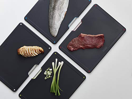 Joseph Joseph Folio 4-Piece Color coded Cutting Board Set, Slimline Case for Organized Kitchen Storage, Large, Stainless Steel