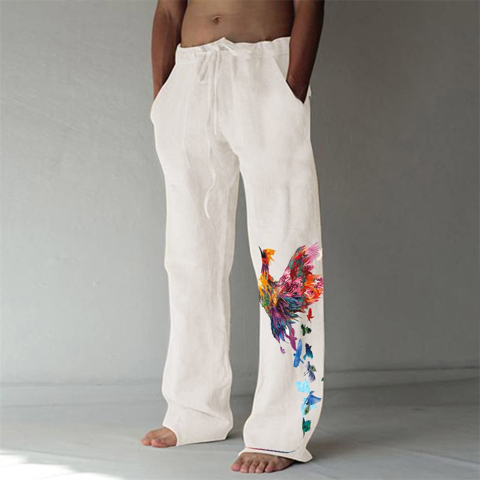 Mens Linen Pants Yoga Beach Simple Print Casual Summer Plus Size Pants Elastic Waist Drawstring Baggy Trousers with