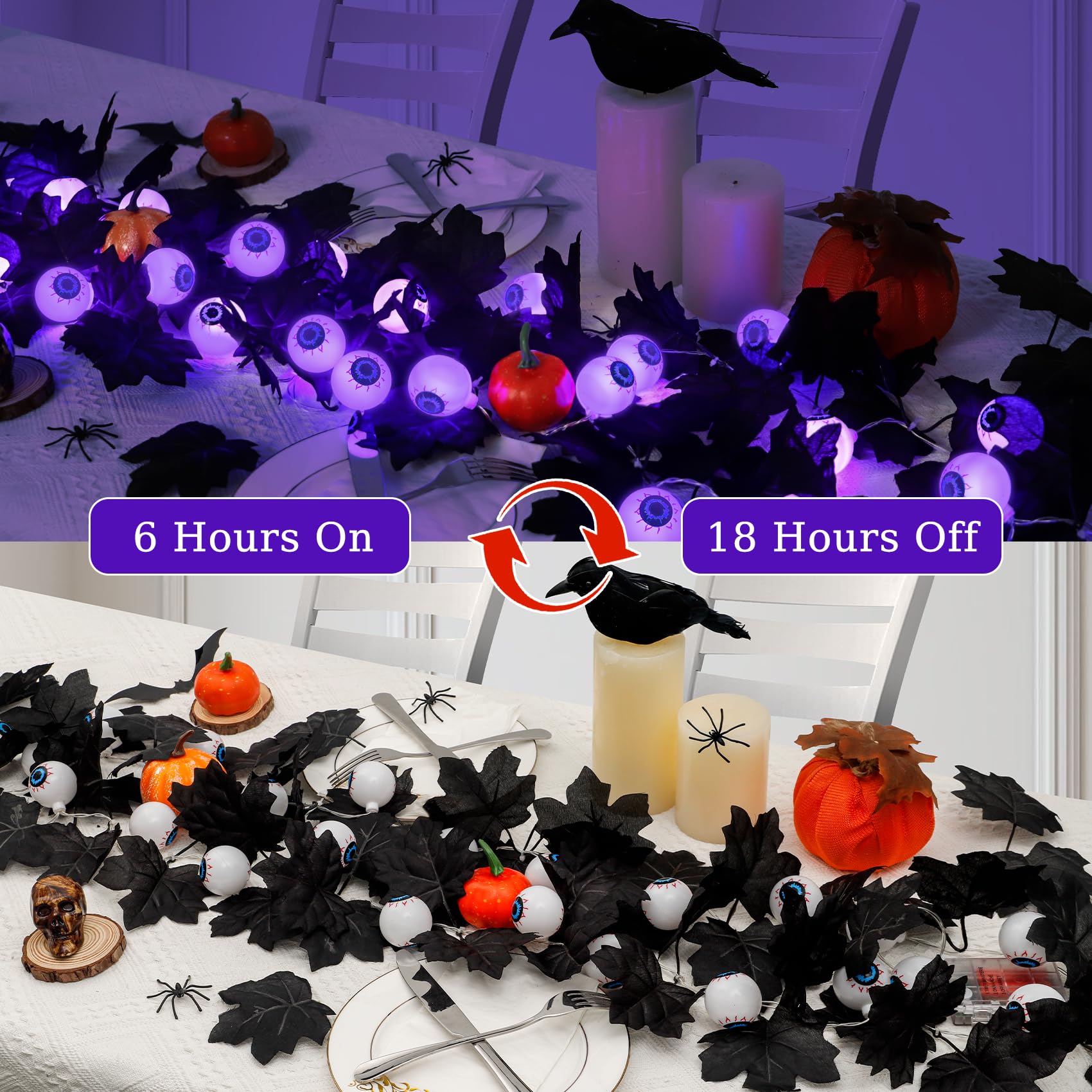 Ouddy Decor 2 Pack Lighted Halloween Garland, Total 20 FT 60 LED Black Maple Leaves Garland with Eyeballs Lights Waterproof Timer Battery Operated for Indoor Outdoor Home Halloween Decorations, Purple