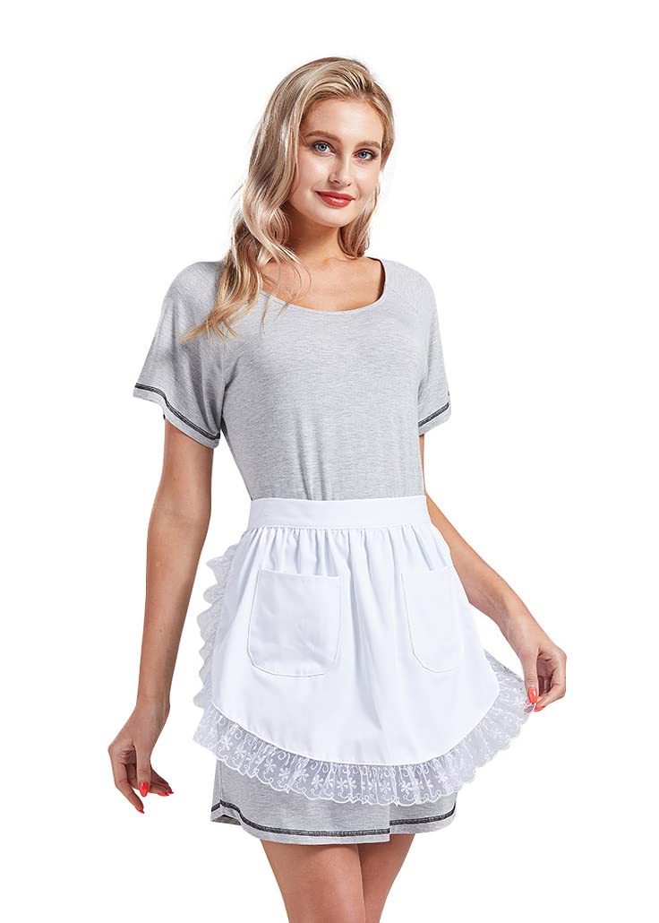 Nanxson Retro Lace Maid Costume Half Apron with Pocket Adjustable Kitchen Cooking Apron for Women and Girls CF3130 (whtie, One Size)