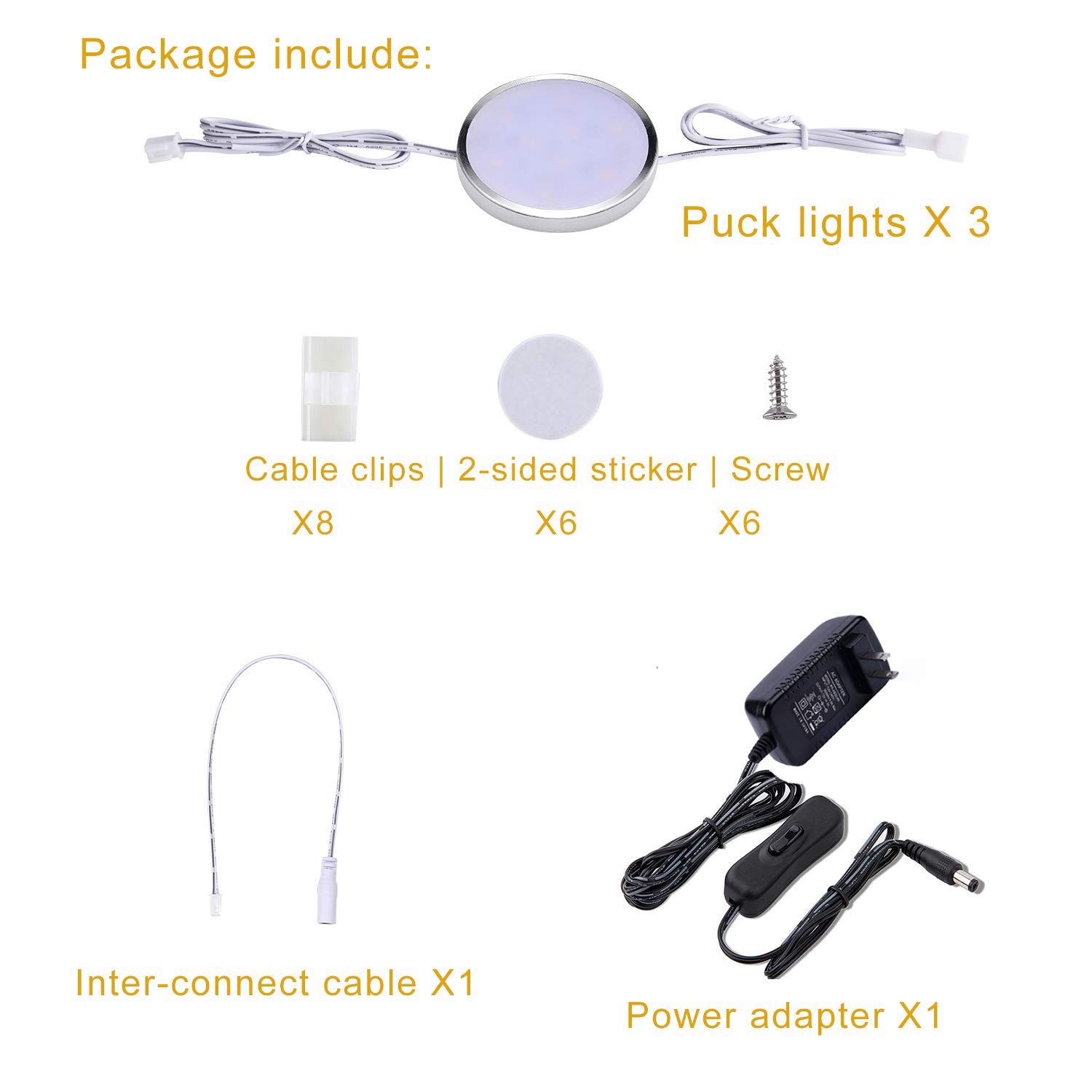LED Under Counter Lighting Fixture,3 Pack Wired Linkable Under Cabinet Lights for Kitchen,Plug in Puck Lights with Manual Switch for Wardrobe Closet Showcase Bookcase(6000K Daywhite)
