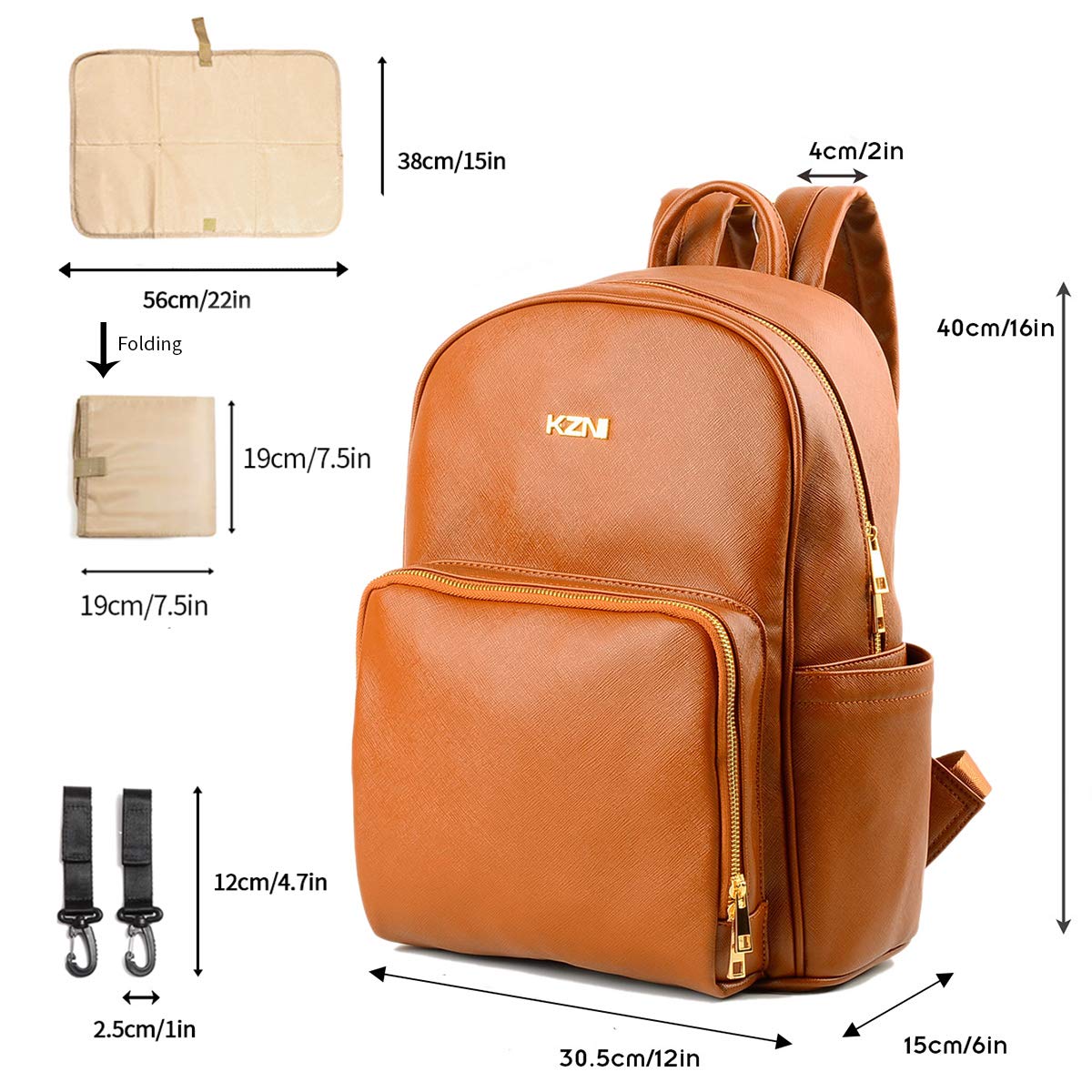 KZNI Pu Leather Diaper Bag Backpack-Nappy Bag Baby Bags for Mom,Unisex Maternity Diaper Bag with Stroller Hanger|Thermal Pockets|Adjustable Shoulder Straps|Water Proof|LargeCapacity|Brown