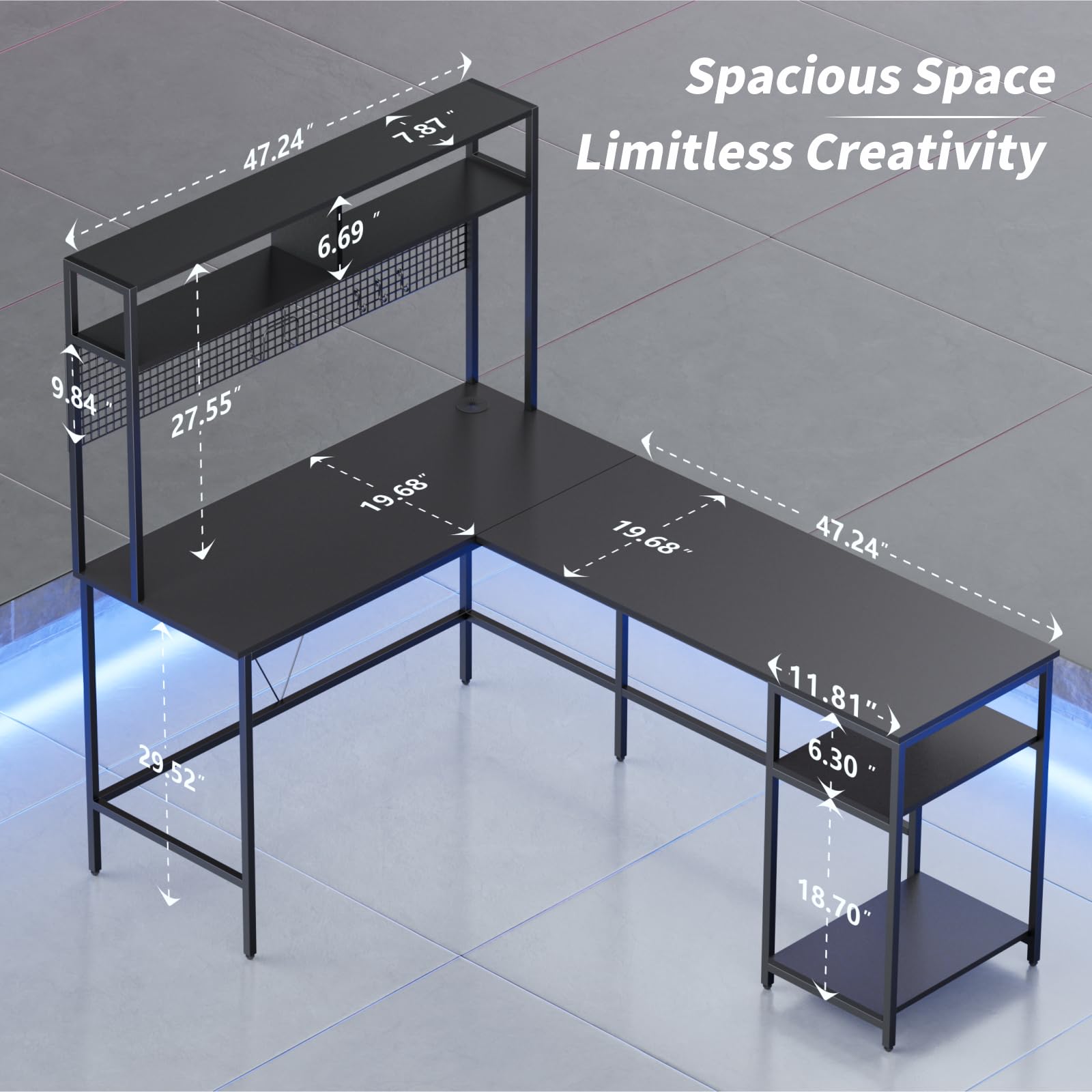VEELOK 67 inch L Shaped Gaming Desk with Hutch Pegboard LED Lights, L Shape Desk for Home Office Bedroom