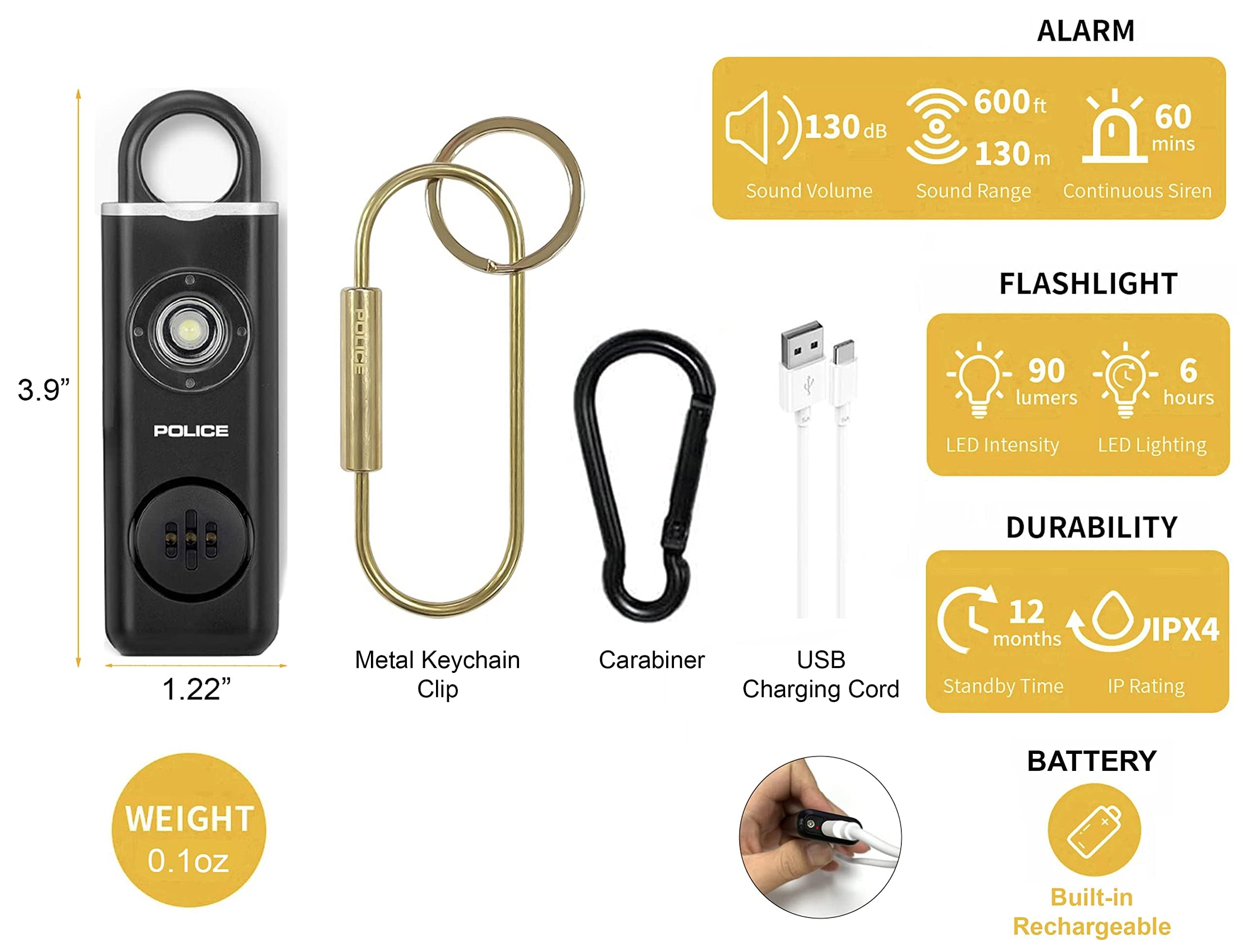 Police Personal Alarm Keychain for Women – 130dB Siren Alarm, LED Flashlight with Strobe Light Rechargeable Safety Alarm- Black