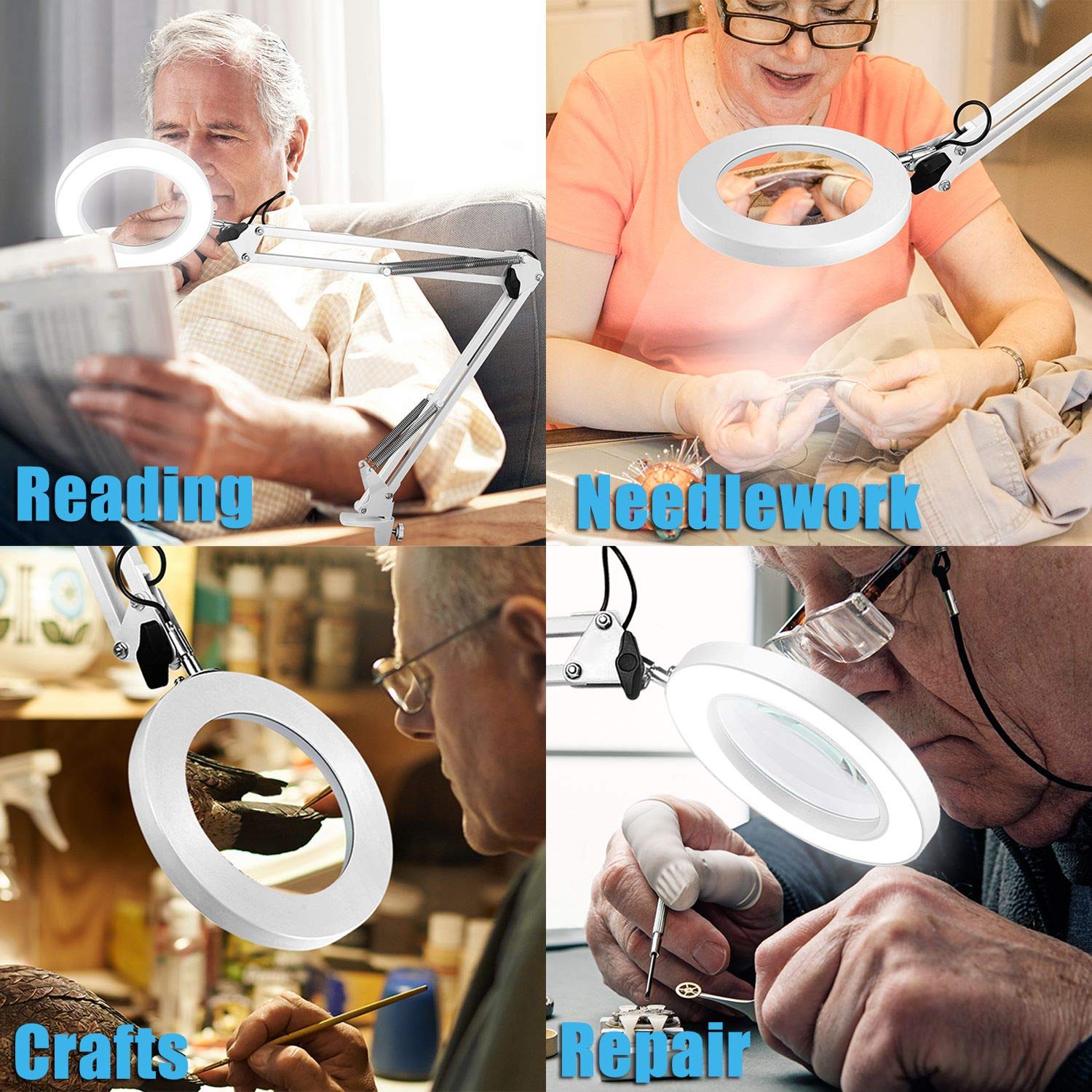 LANCOSC Magnifying Desk Lamp, 10X Real Glass Lens, 3 Color Modes, Stepless Dimmable, Adjustable Swivel Arm with Clamp, LED Magnifier Light and Stand for Crafts, Reading, Close Work - White