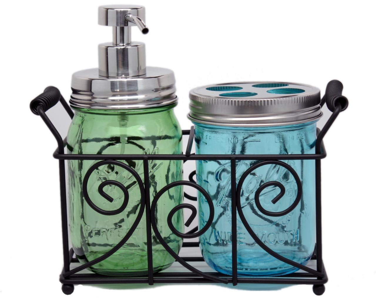 Mason Jar Lifestyle Caddy for 2 Pint Mason Jars with Swirl Design and Black Wire Handles