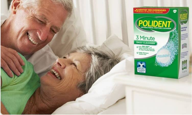 Polident 3 Minute Denture Cleaner 120 Triplemint Tablets bundle with Dentu-Care Denture Case and Denture Brush for Maintaining Good Clean for Full/Partial Dentures Mouthguards