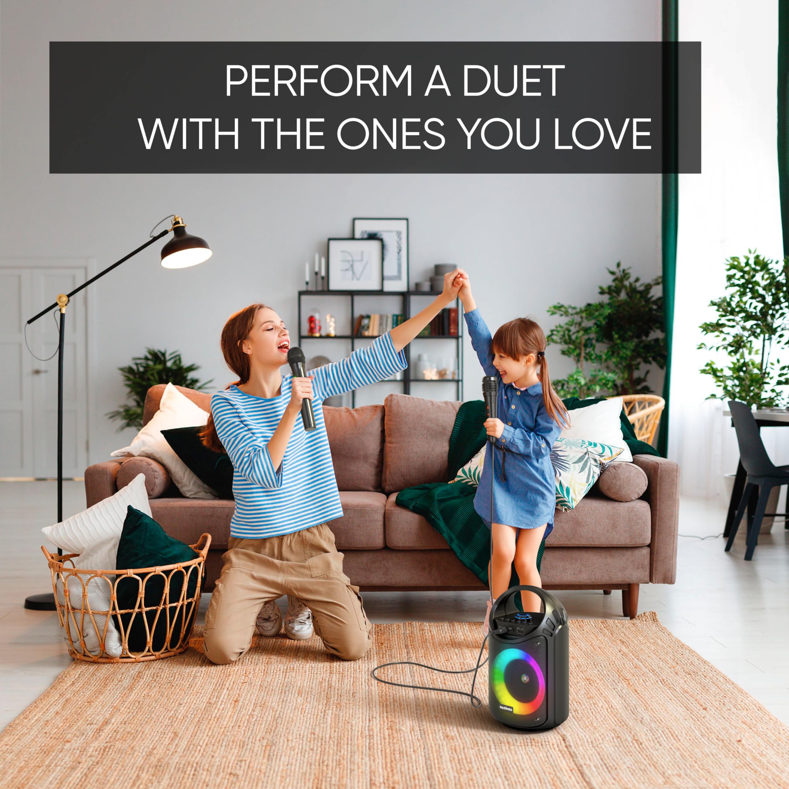 MASINGO Karaoke Machine for Kids and Adults with 1 Wireless Karaoke Microphone and 1 Wired Mic, PA Portable Speaker with LED Lights, Supports TF Card/USB, AUX/MIC in, TWS for Home Party, Burletta C10