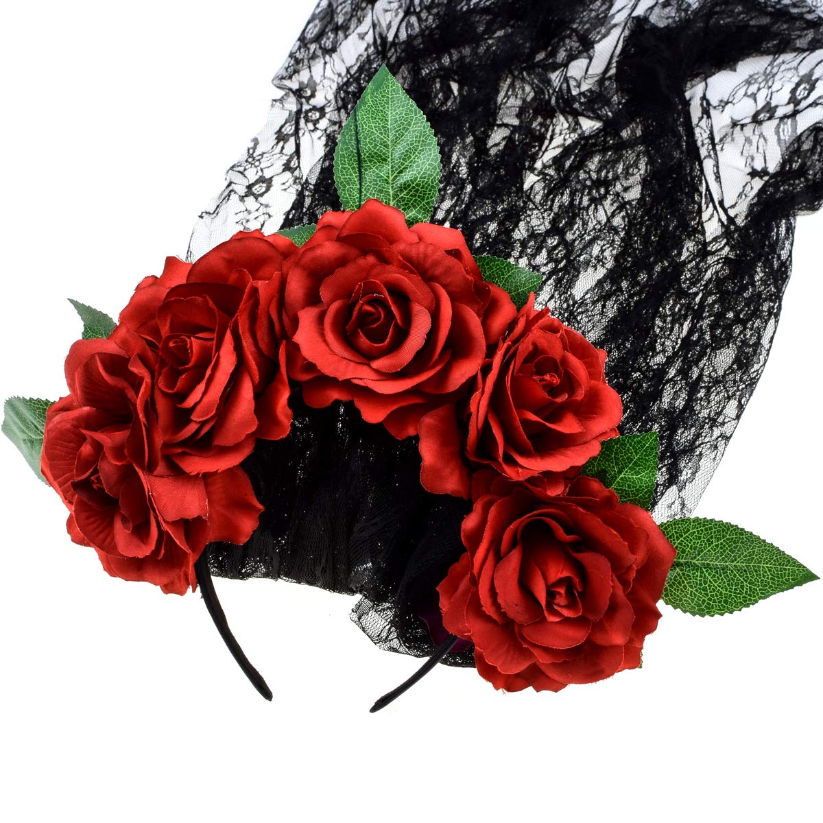 June Bloomy Day of the Dead Headpiece Rose Floral Crown Veil Halloween Costume Mexican Headband (Burgundy)
