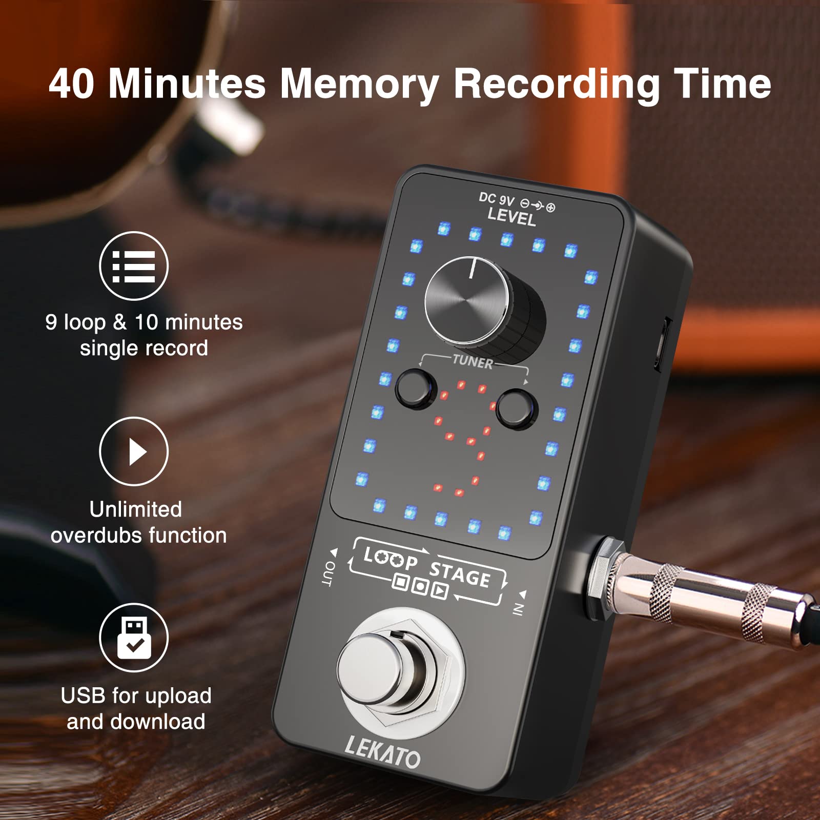 LEKATO Guitar Looper Pedal Effect Pedal with Tuner Function Looper Pedal Loops 9 Loops 40 minutes Record Time with USB Cable and 9V 0.6A Pedal Power Supply Adapter