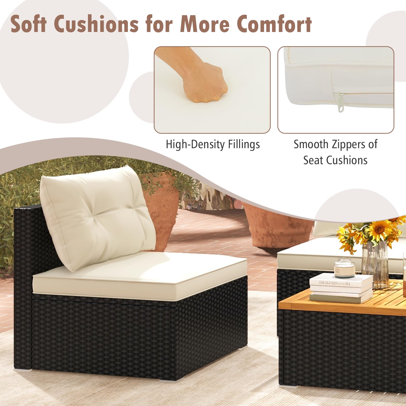 Tangkula 5 Piece Rattan Sofa Set, Patiojoy Outdoor Wicker Furniture Set with Seat & Back Cushions, Square Coffee Table, Patio Sectional Sofa Set for Backyard, Poolside, Garden